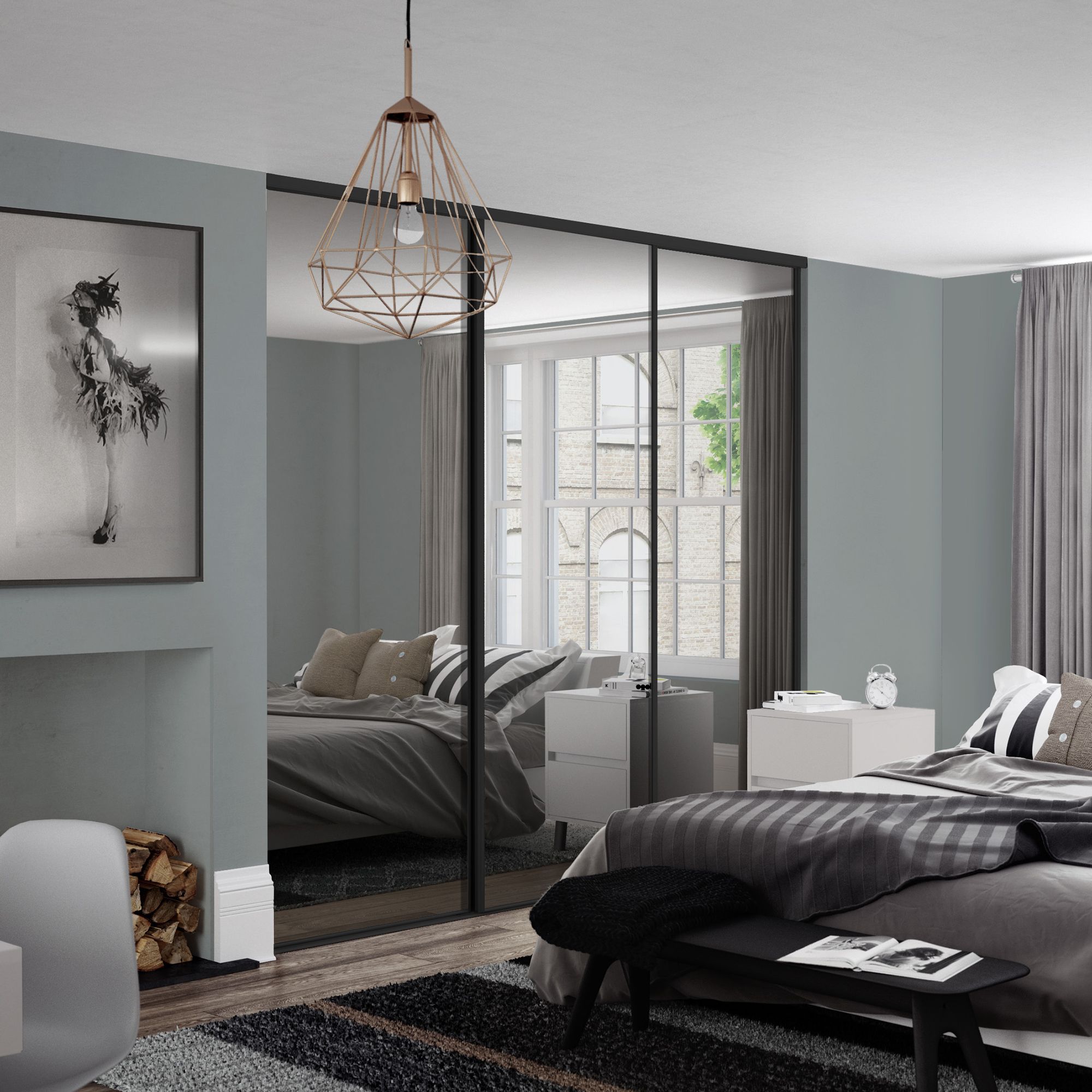 Spacepro Classic Full length Mirrored Classic Black frame Single panel Sliding wardrobe door, (H ...