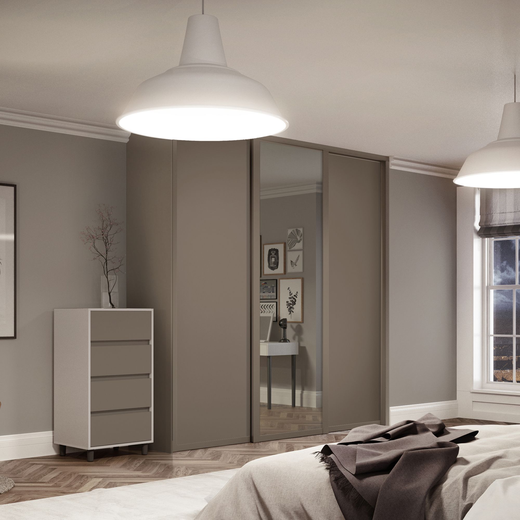 Spacepro Shaker Panel Shaker Mirrored Stone grey 3 door Sliding Wardrobe Door kit (H)2220mm (W ...