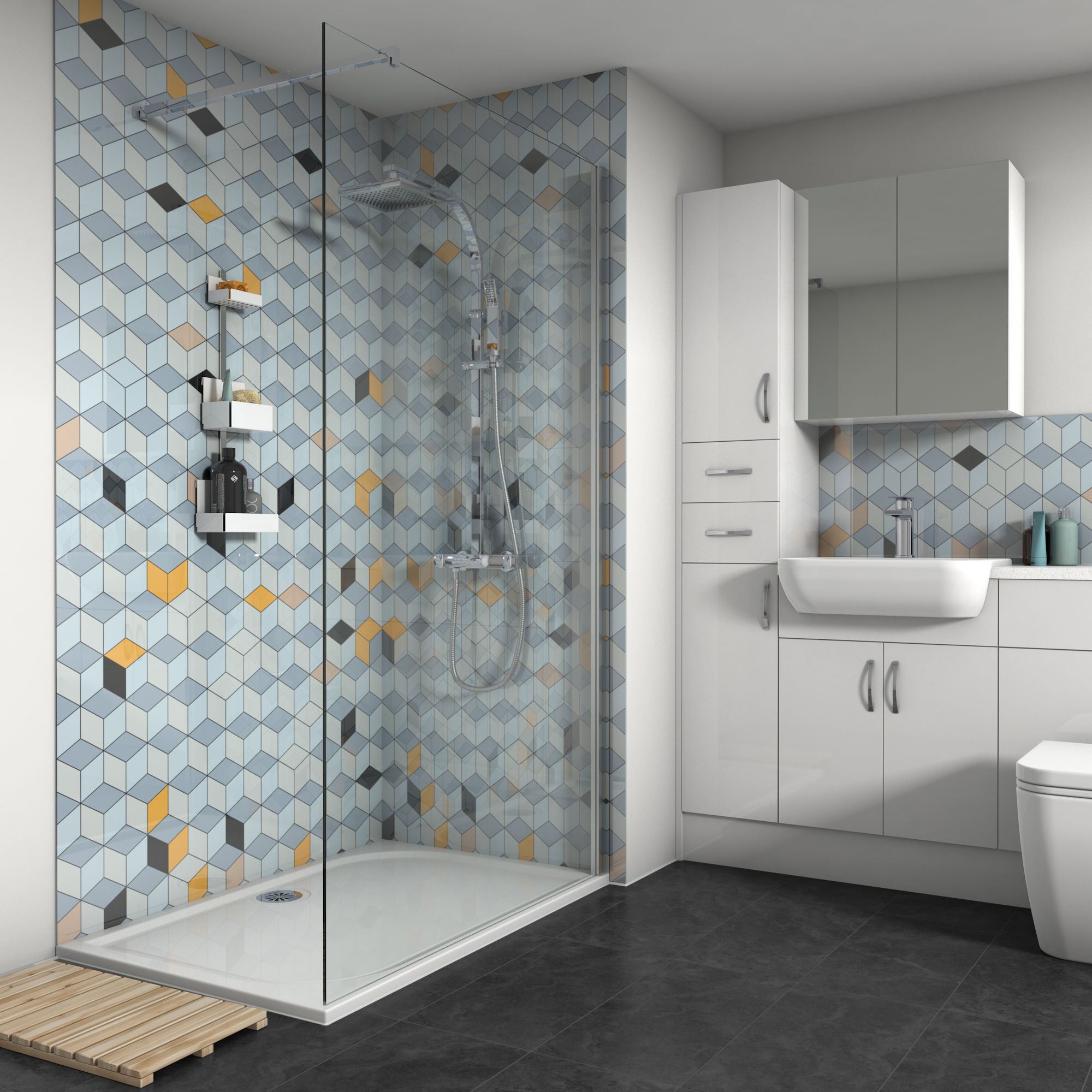Splashwall Acrylic Panel (H)2420mm (W)1200mm - Gloss Multicolour Cubes