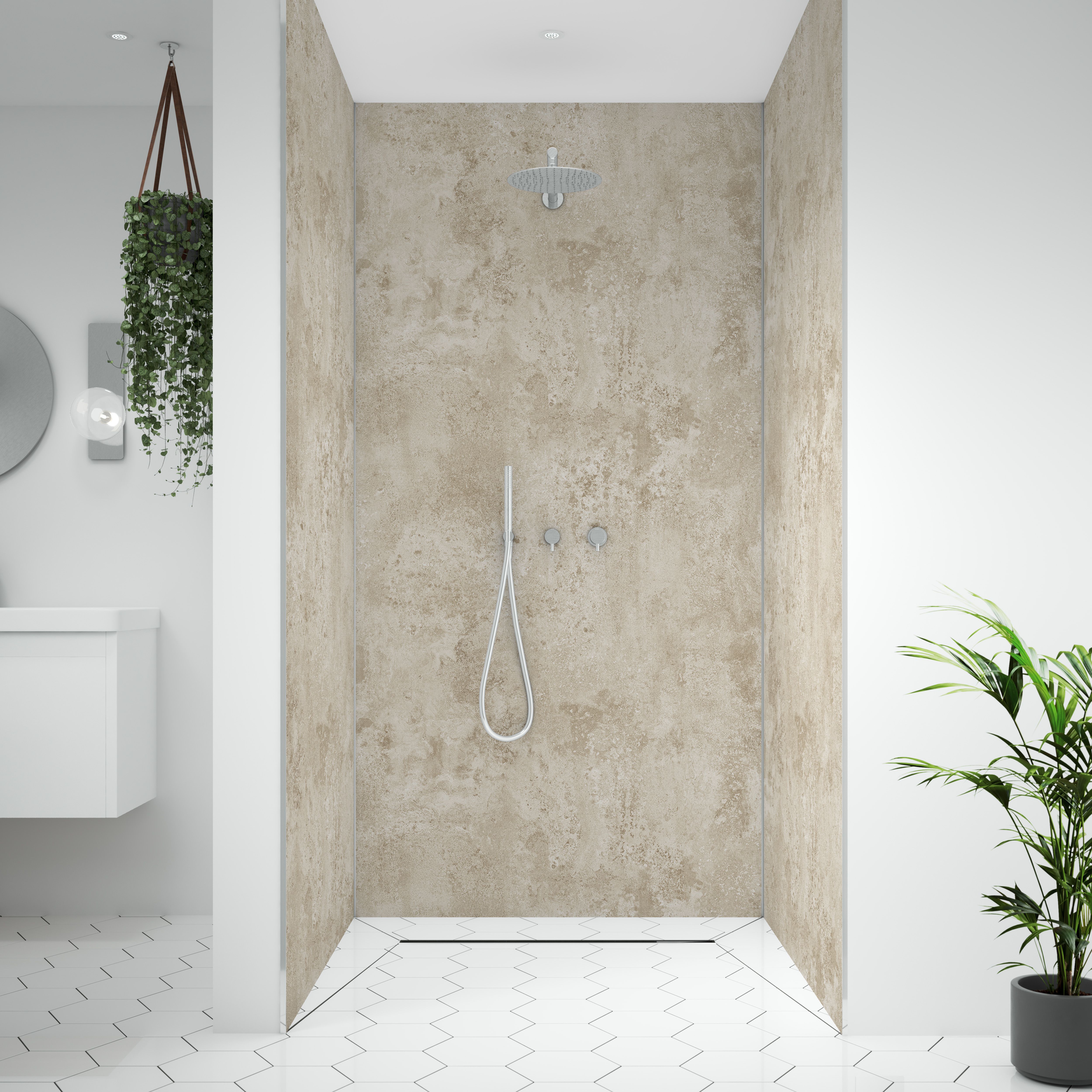 Splashwall Alloy Aluminium Bathroom & wet room Decorative panel (H)2440mm (W)600mm - Matt Terra ...