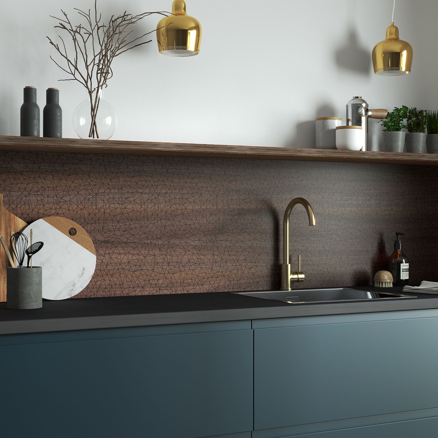 Splashwall Alloy Brown Walnut geometric Aluminium Splashback, (H)750mm (W)2440mm (T)4mm