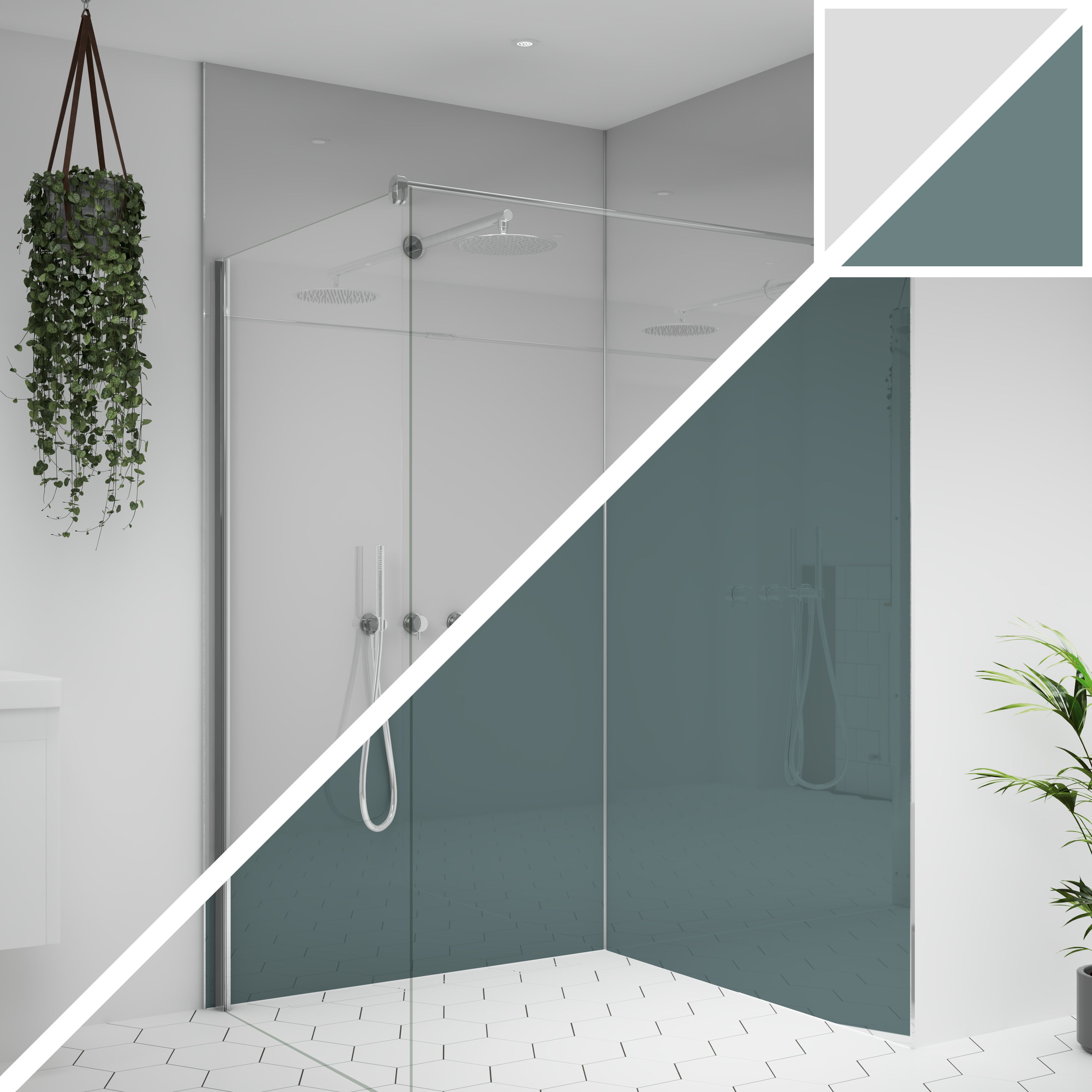 Splashwall Alloy Glacier White & Neptune blue 2 panel Aluminium Double-sided Bathroom & wetroom ...