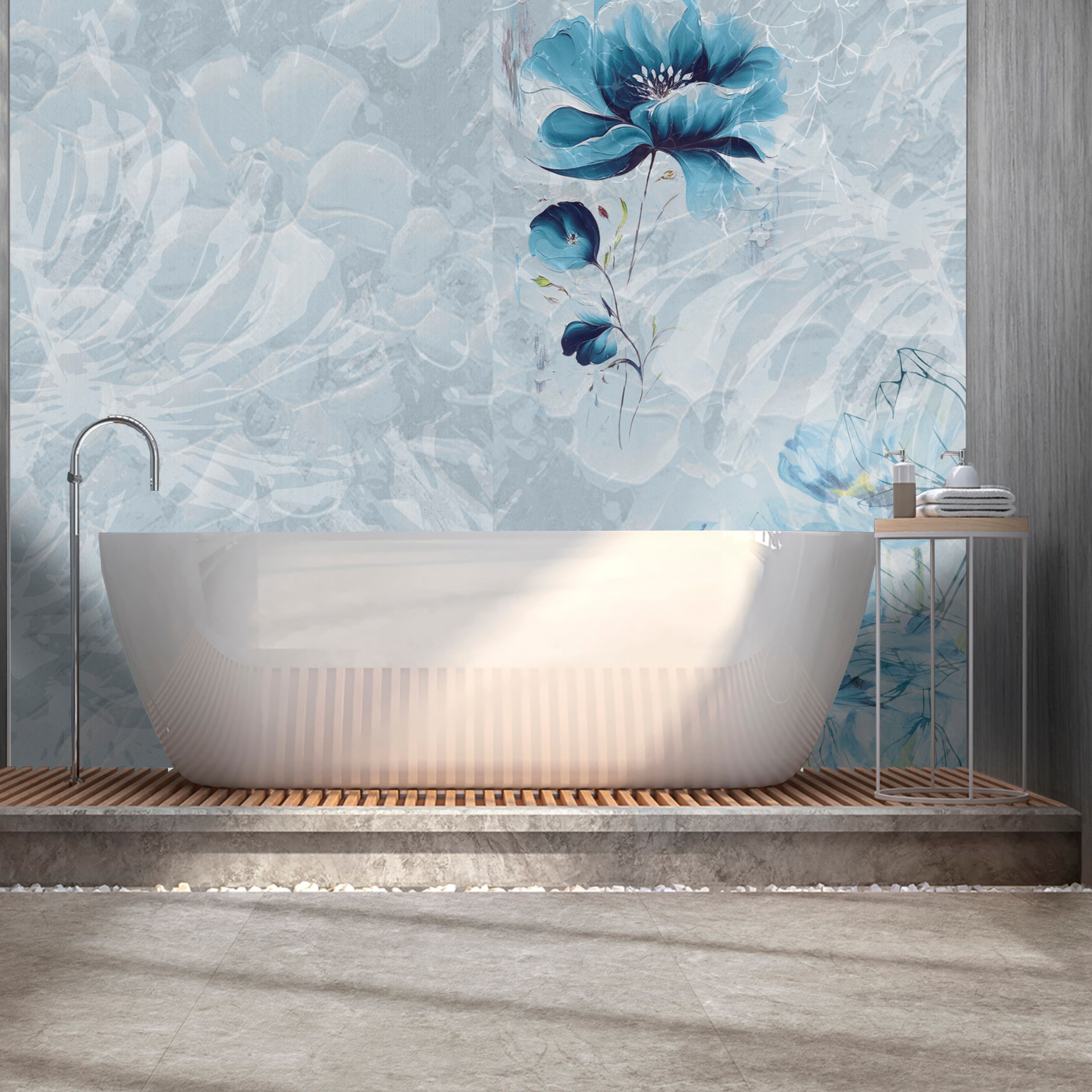 Splashwall Alloy Gloss Blue Botanical Flowers Aluminium Bathroom & wet room Decorative panel (H ...