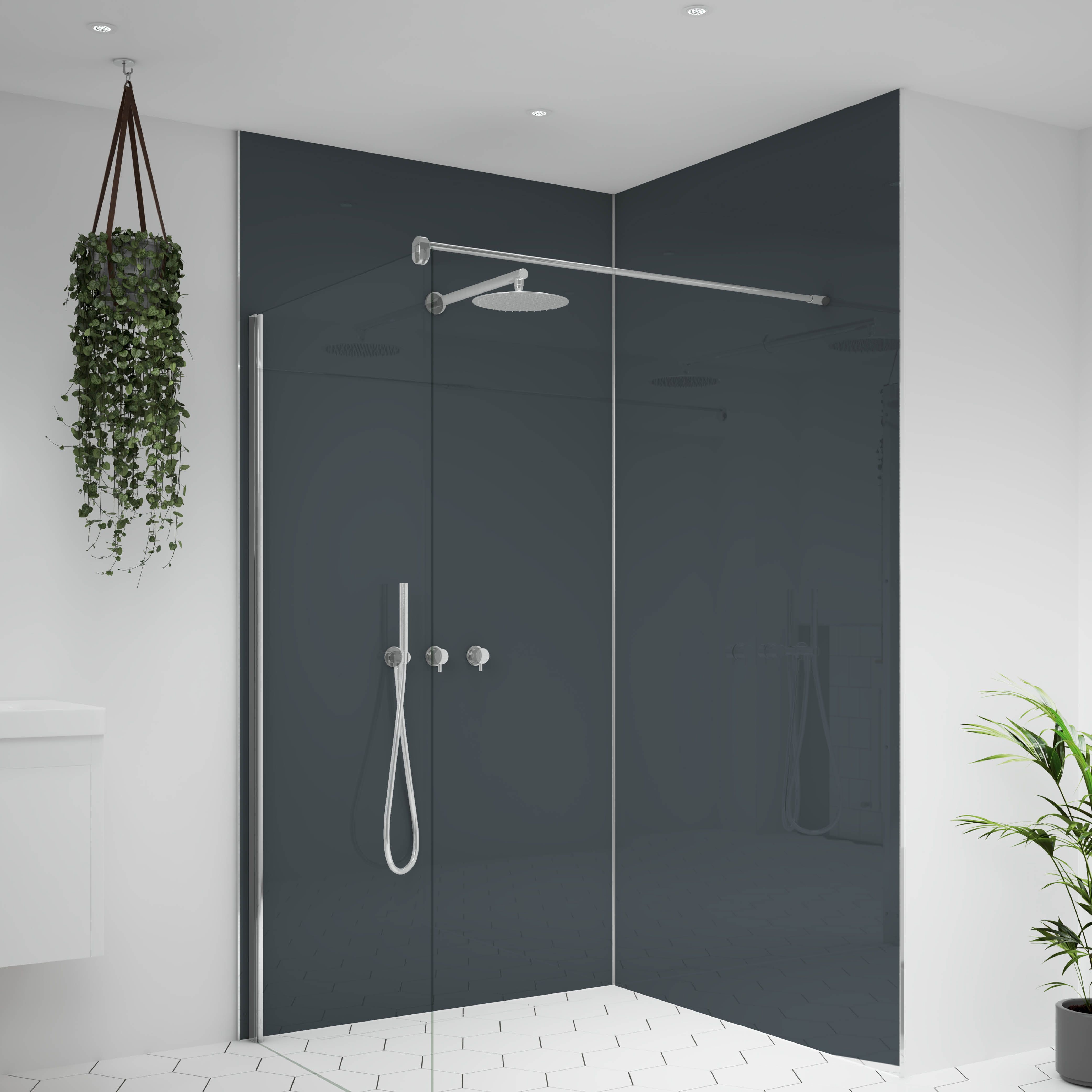Splashwall Alloy Gloss Malibu grey & storm blue Aluminium Bathroom & wet room Decorative panel ...