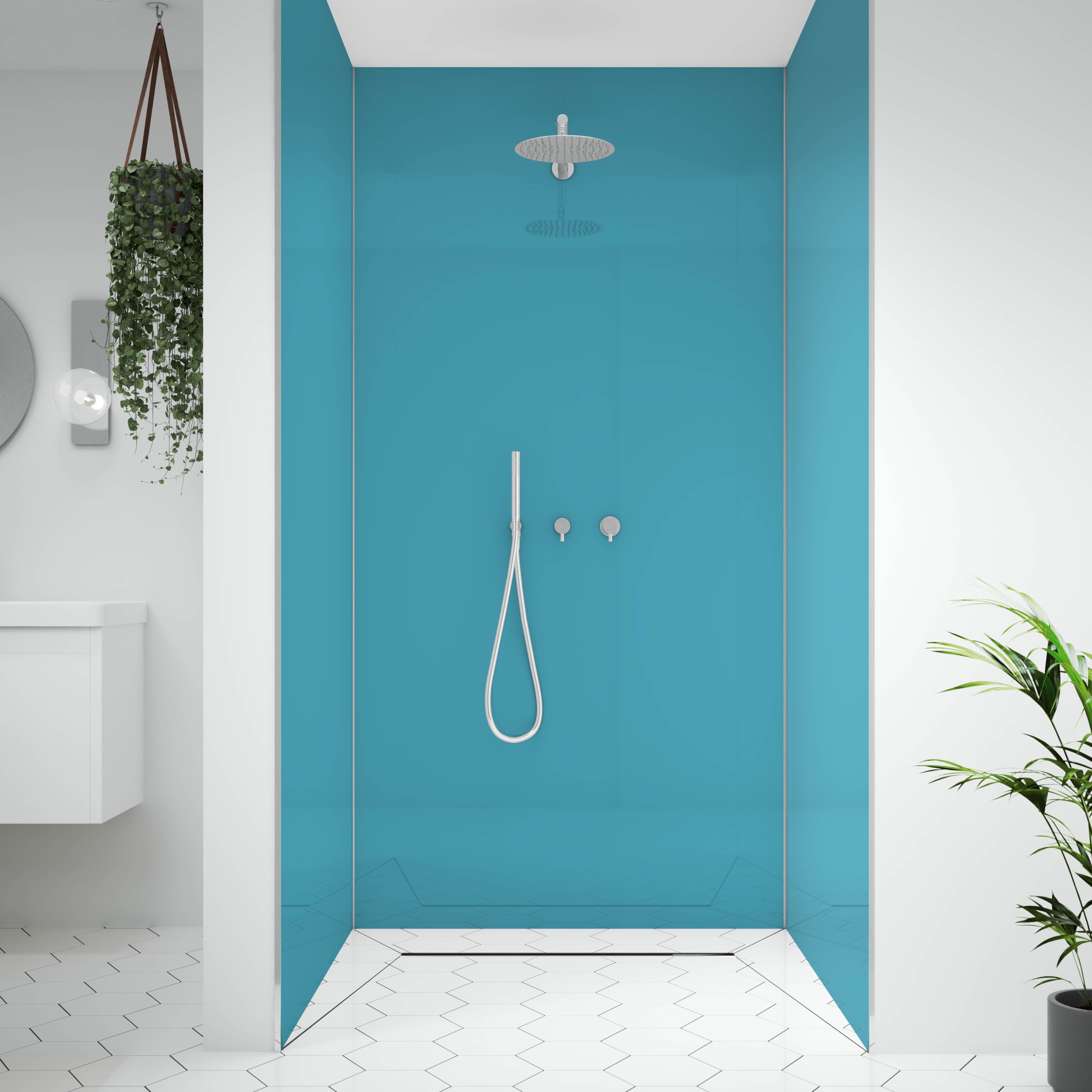 Splashwall Alloy Gloss Turquoise & slate grey Aluminium Bathroom & wet room Decorative panel (H ...