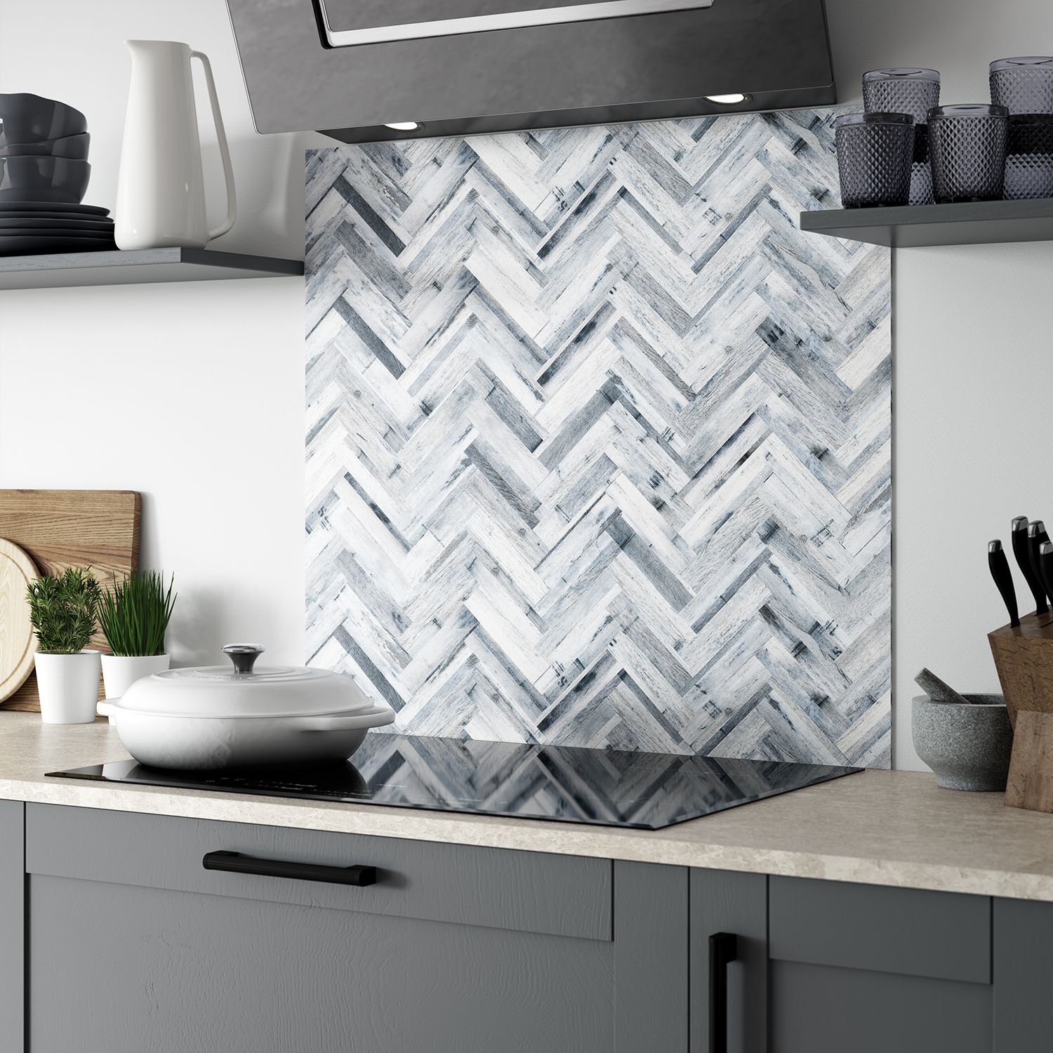 Splashwall Alloy Grey Whitewash Herringbone Aluminium Splashback, (H ...