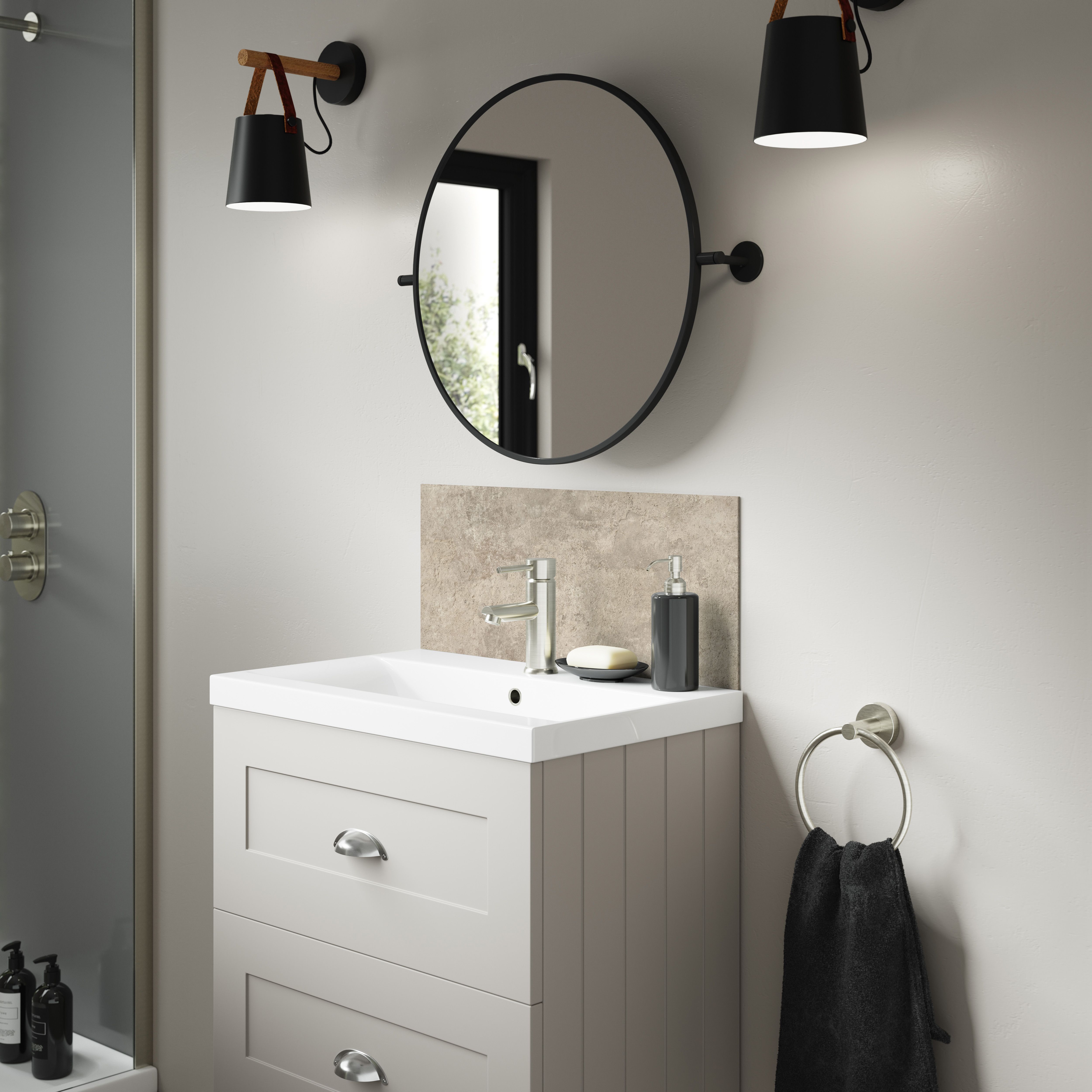 Splashwall Alloy Matt Beige Treviso Travertine effect Laminate Adhesive Bathroom Splashback (H ...