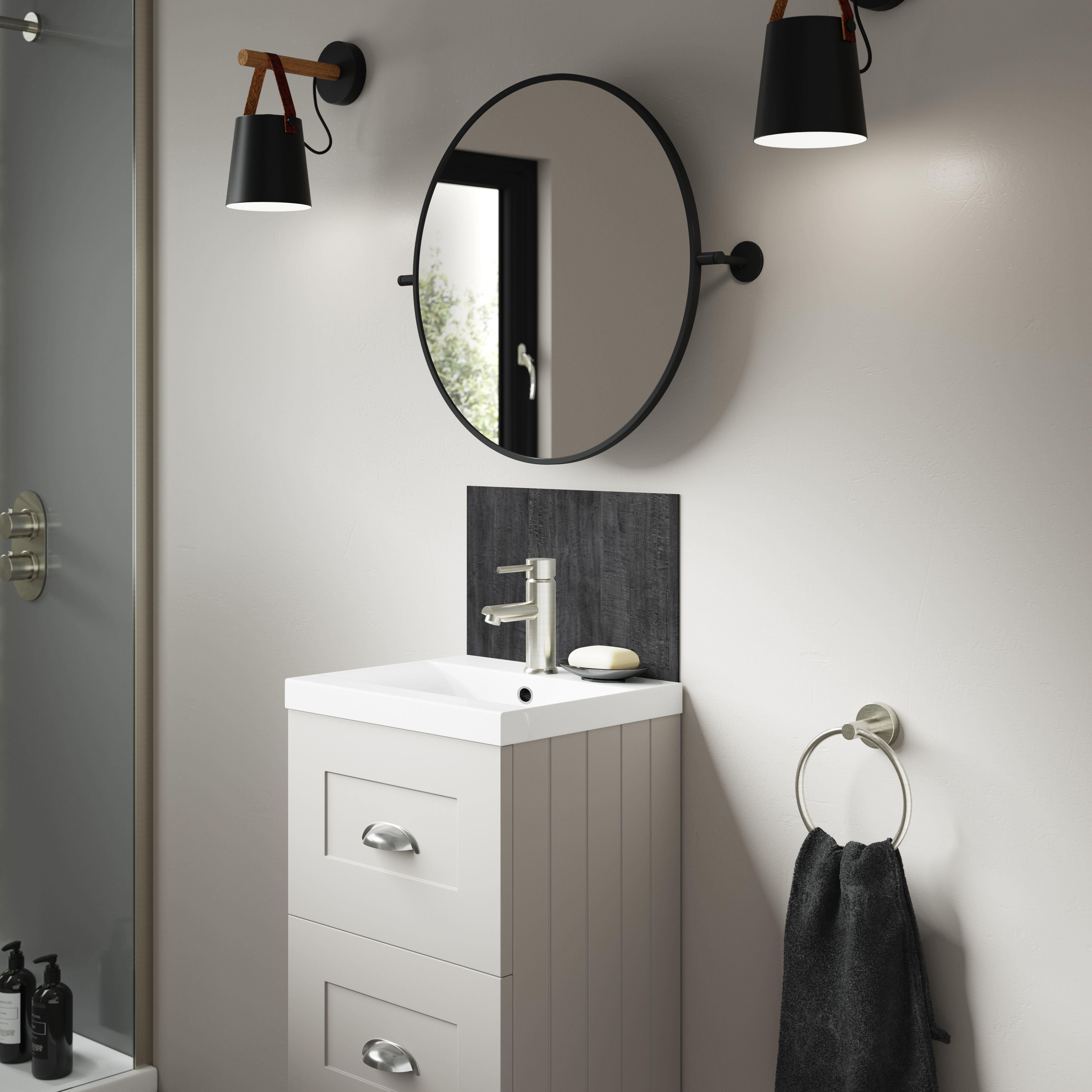 Splashwall Alloy Matt Brown Eucalyptus Oak effect Laminate Adhesive ...