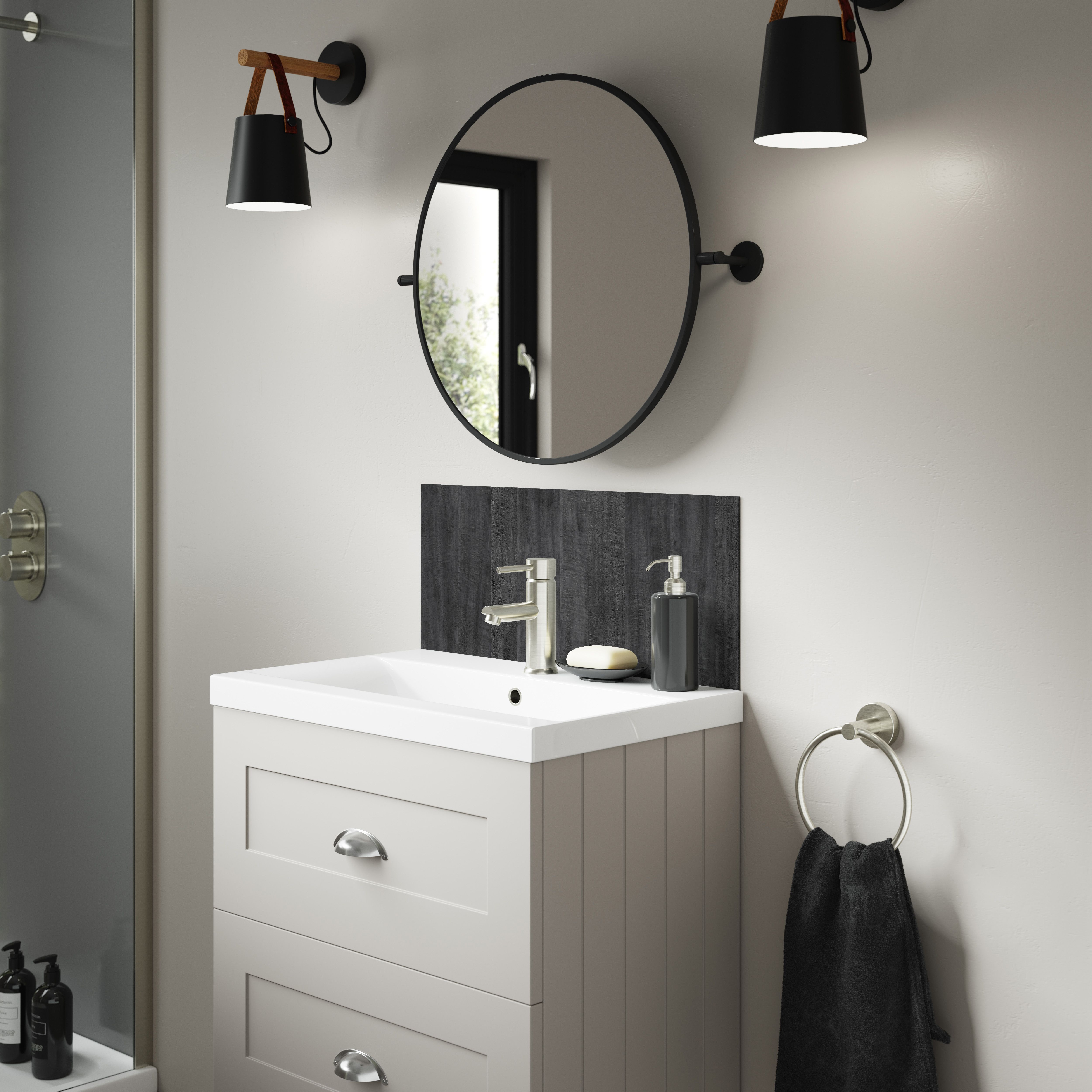 Splashwall Alloy Matt Brown Eucalyptus Oak effect Laminate Adhesive ...