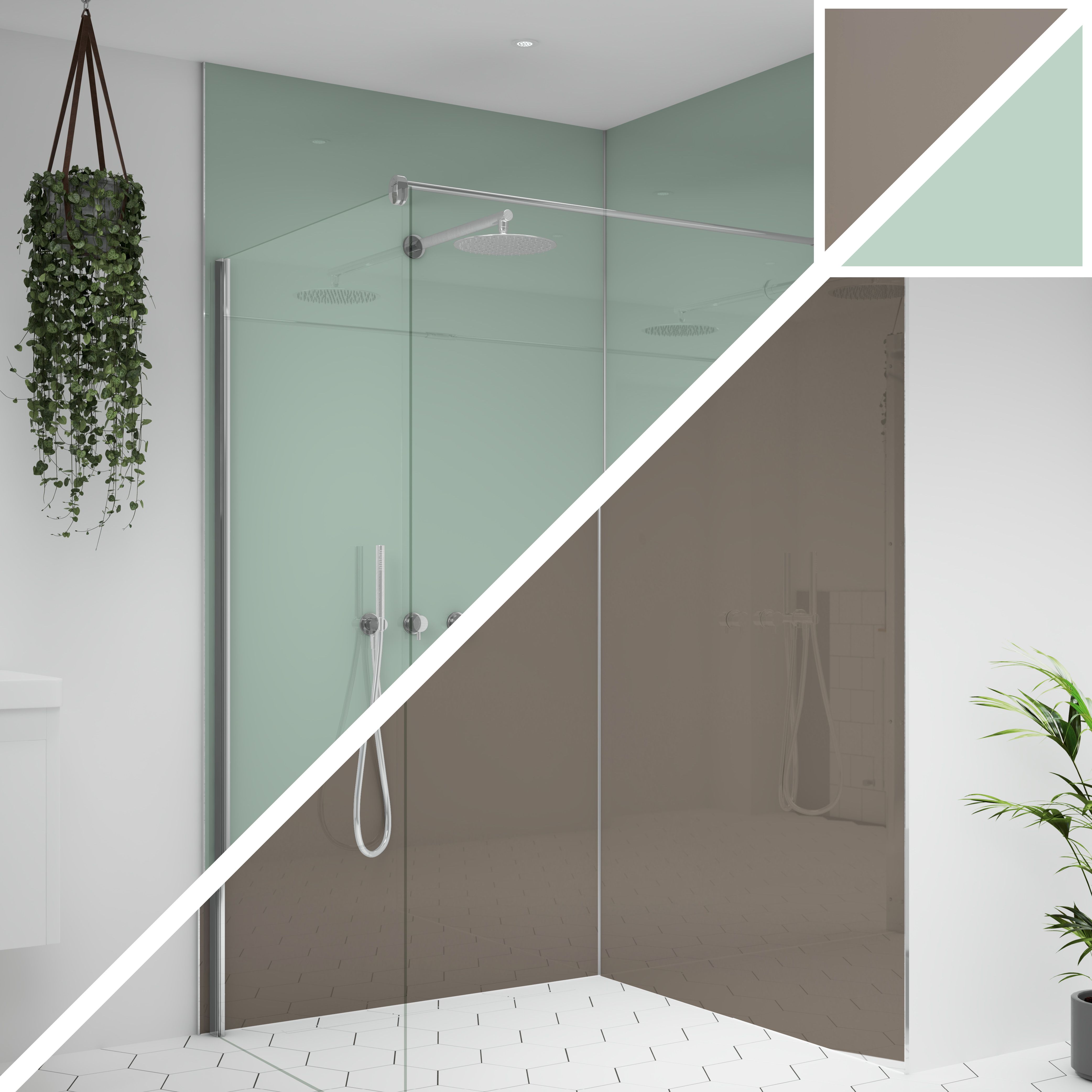 Splashwall Alloy Terra grey & Seabreeze green 2 panel Aluminium Double-sided Bathroom & wetroom ...