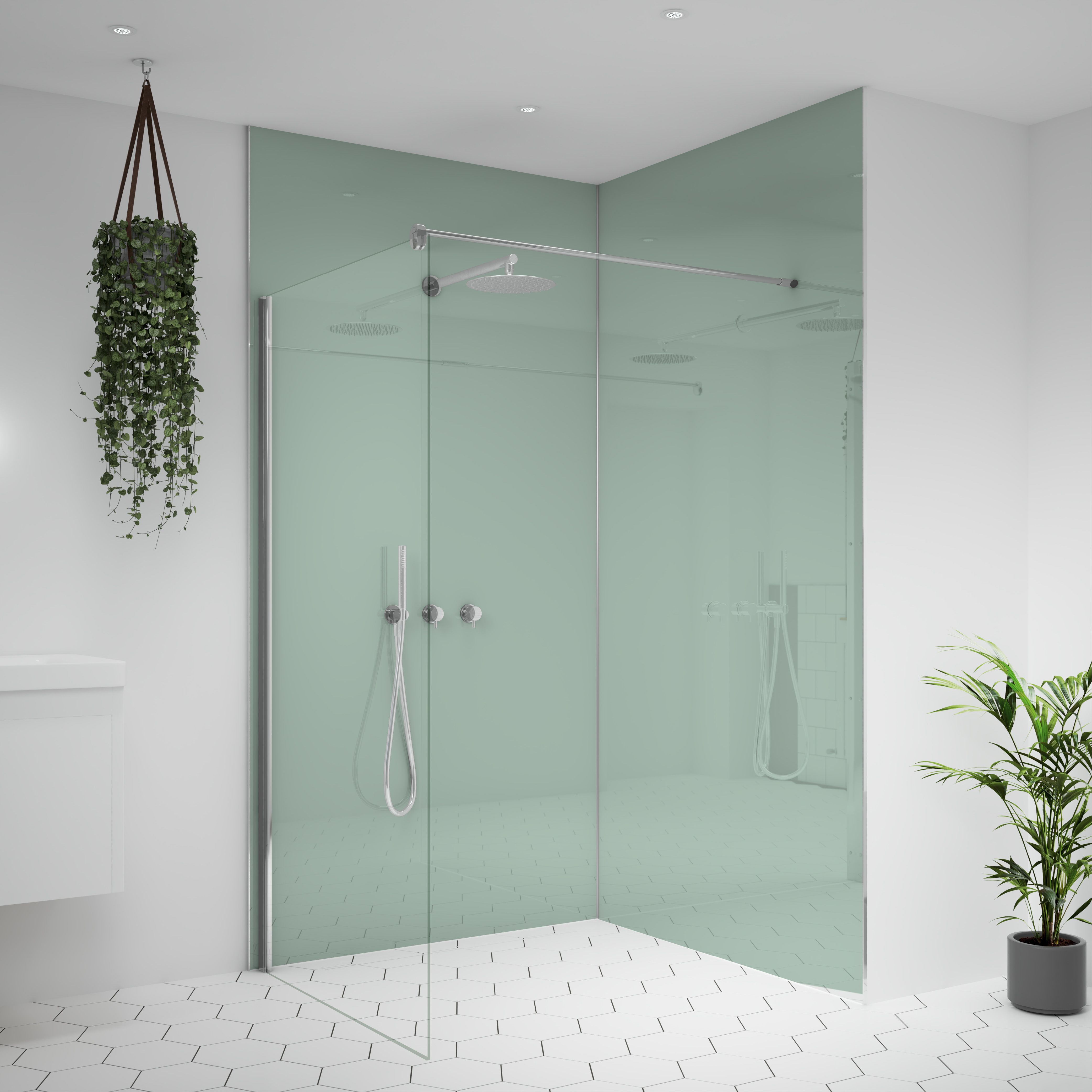Splashwall Alloy Terra grey & Seabreeze green 2 panel Aluminium Double-sided Bathroom & wetroom ...