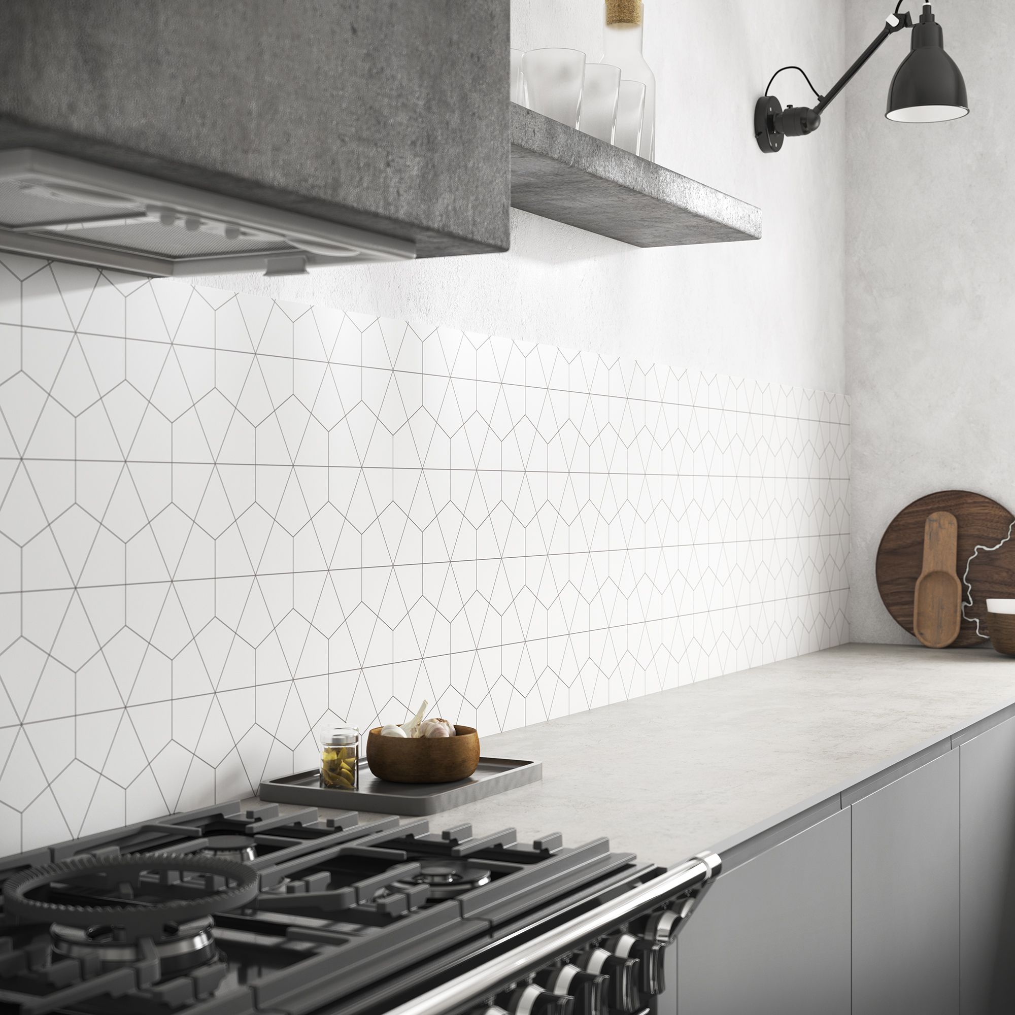 Splashwall Alloy White Diamond tile Geometric Aluminium Splashback, (H ...