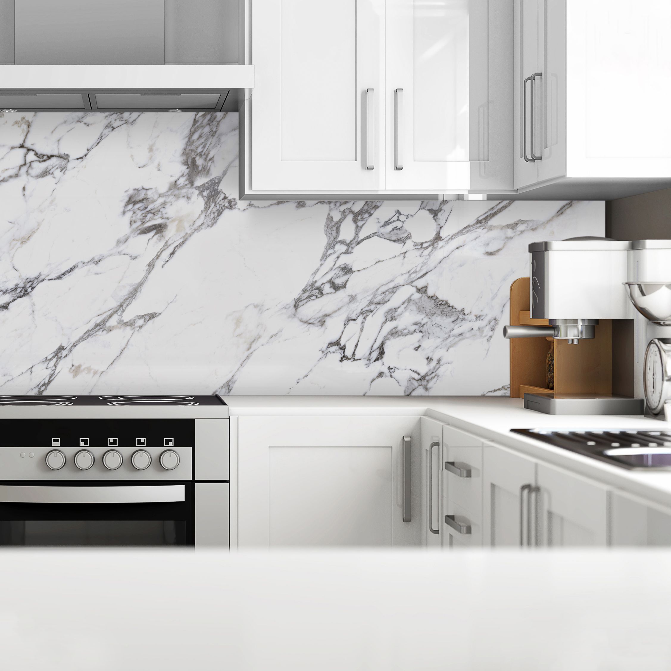 Splashwall Black & white Greek Marble effect MDF Splashback, (H)600mm ...