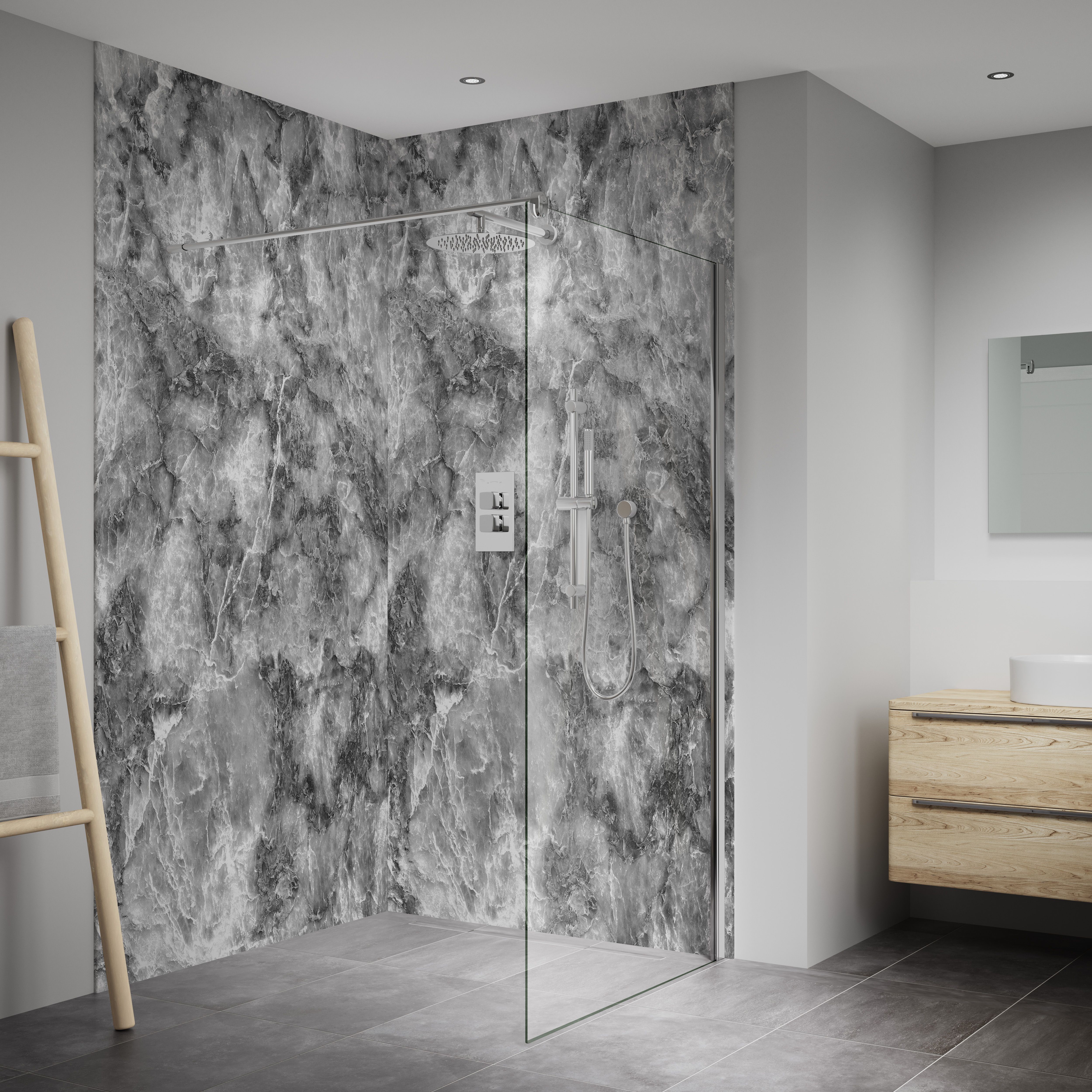 Splashwall Elite Gloss Onyx Grigio Marble effect Composite Postformed Bathroom & wet room ...
