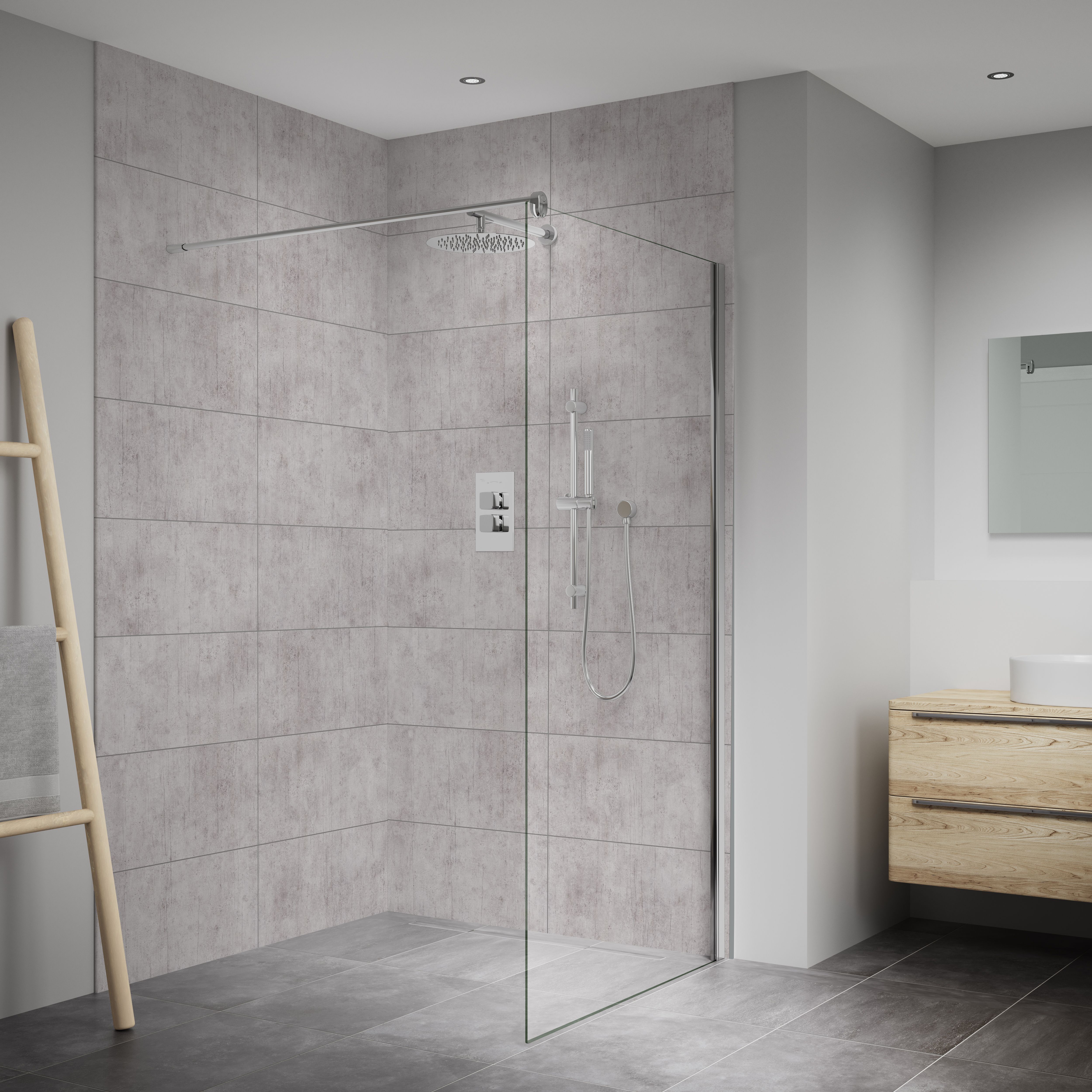 Splashwall Elite Matt Stone grey Tile effect Fixed Tongue & groove Shower wall panel (H)2420mm ...