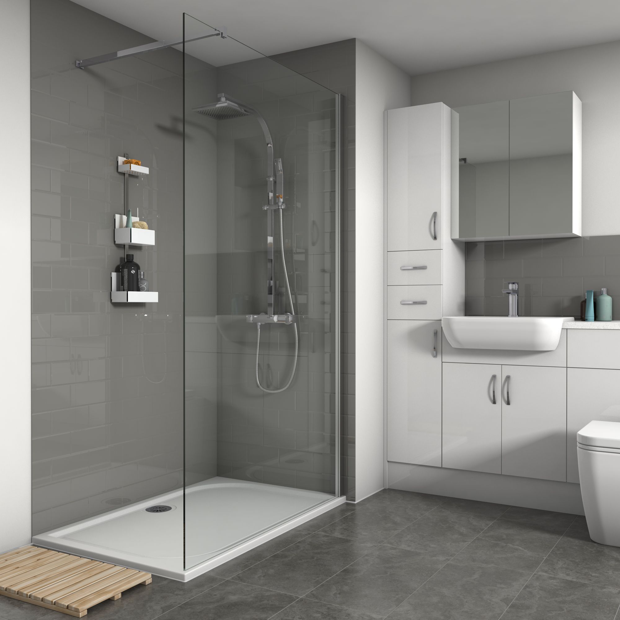 Splashwall Gloss Grey Tile effect 3 sided Shower Panel kit (L)2420mm (W)1200mm (T)3mm | DIY at B&Q