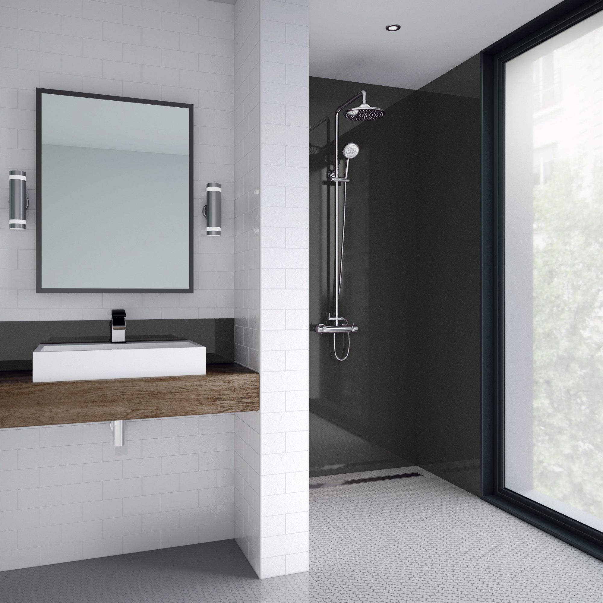 Splashwall Gloss Metallic black 2 sided Shower Panel kit (L)1200mm (W)1200mm (T)4mm | DIY at B&Q