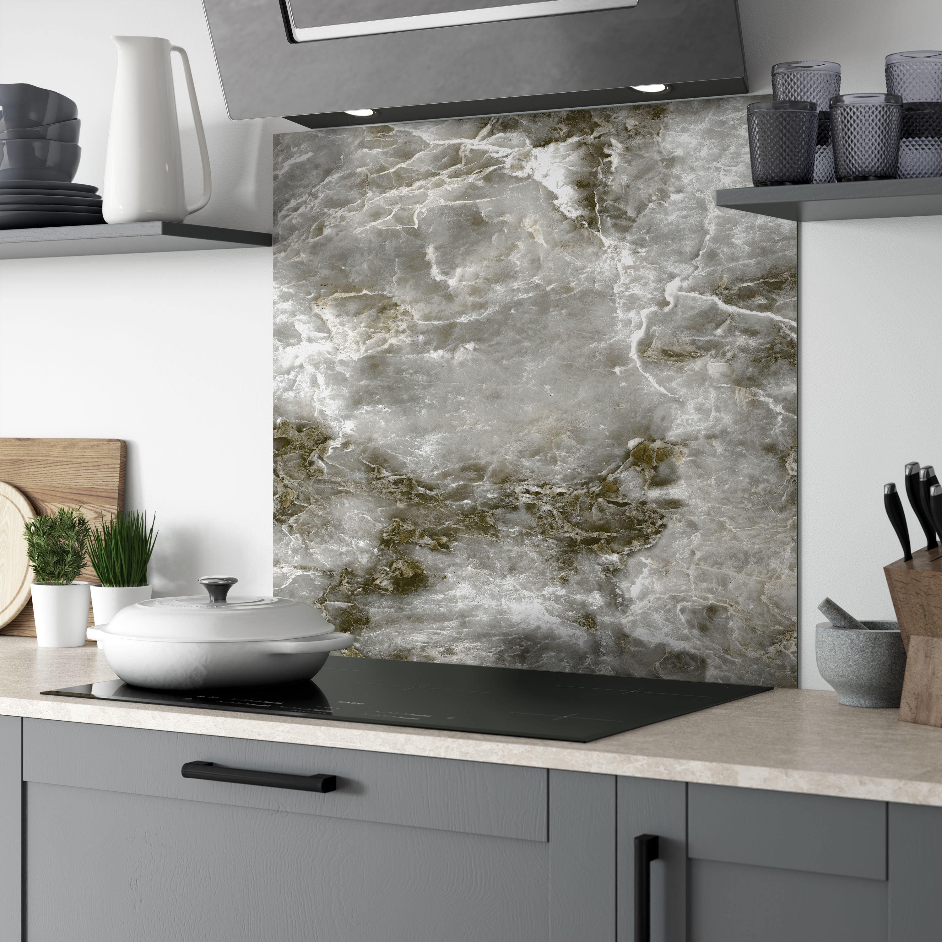 Splashwall Milas Grey Marble effect Aluminium Splashback, (H)800mm (W ...
