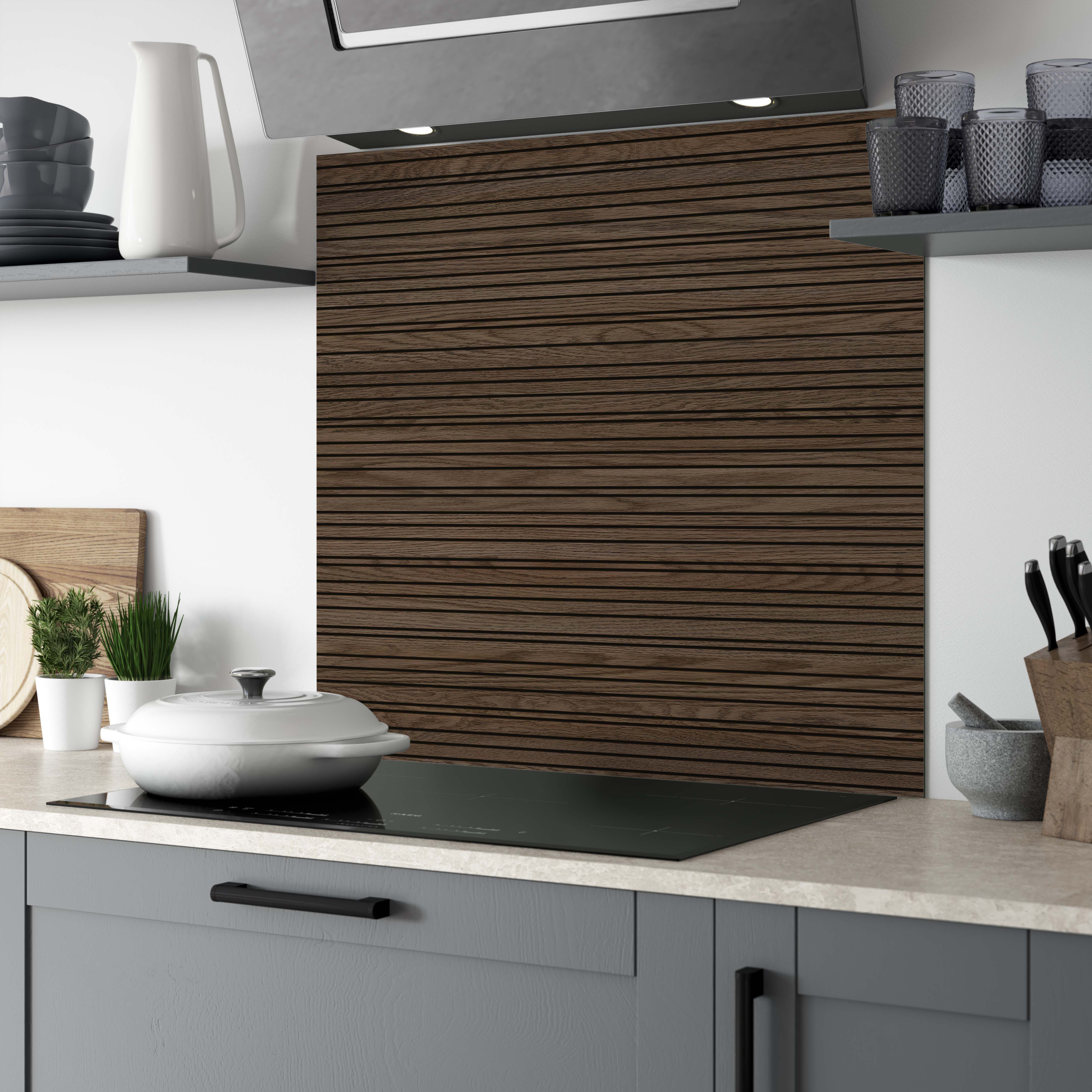 Splashwall Wood Walnut effect Aluminium Splashback, (H)800mm (W)900mm ...