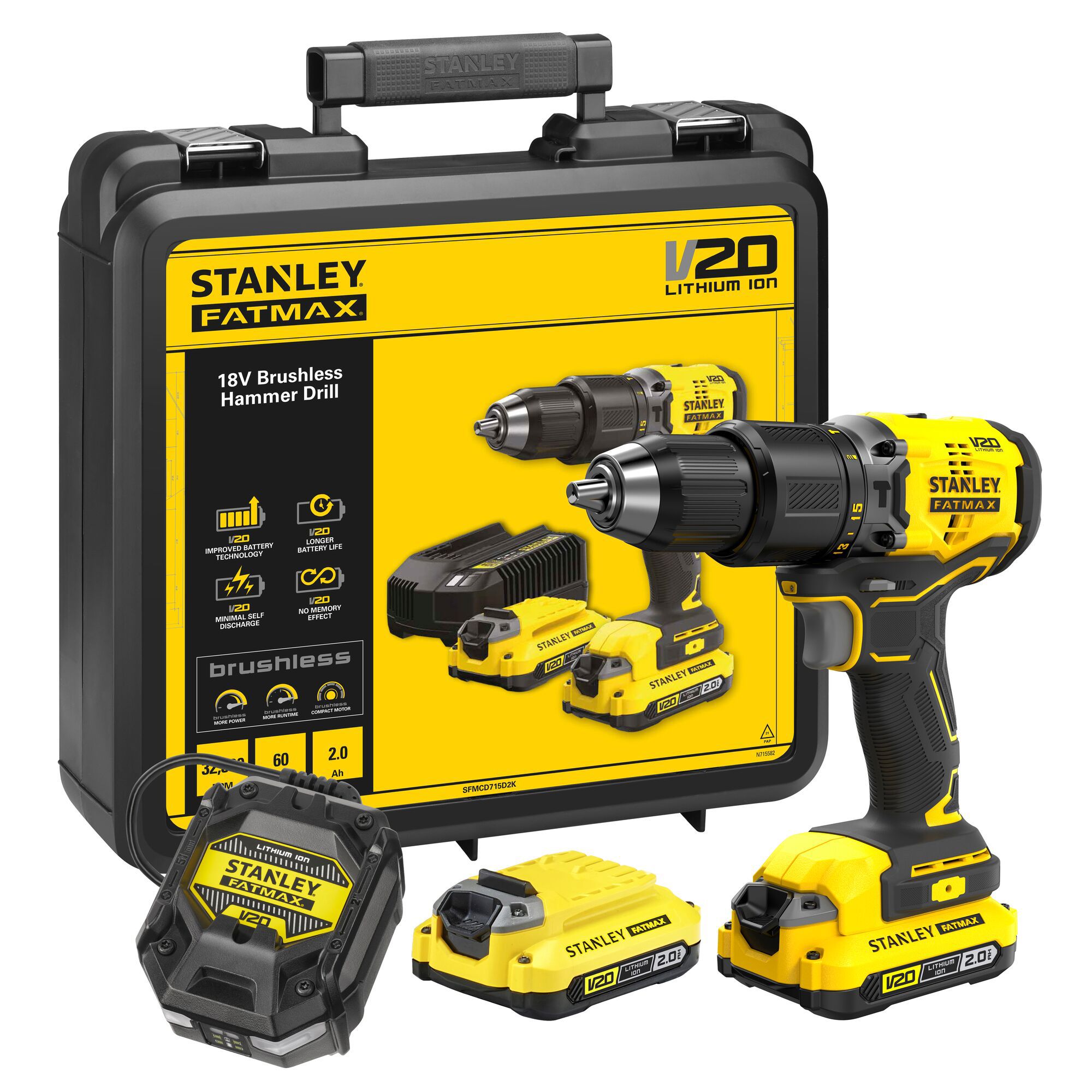 Stanley FatMax 18V Li ion Cordless Hammer drill 2 x 2Ah SFMCD715D2K GB