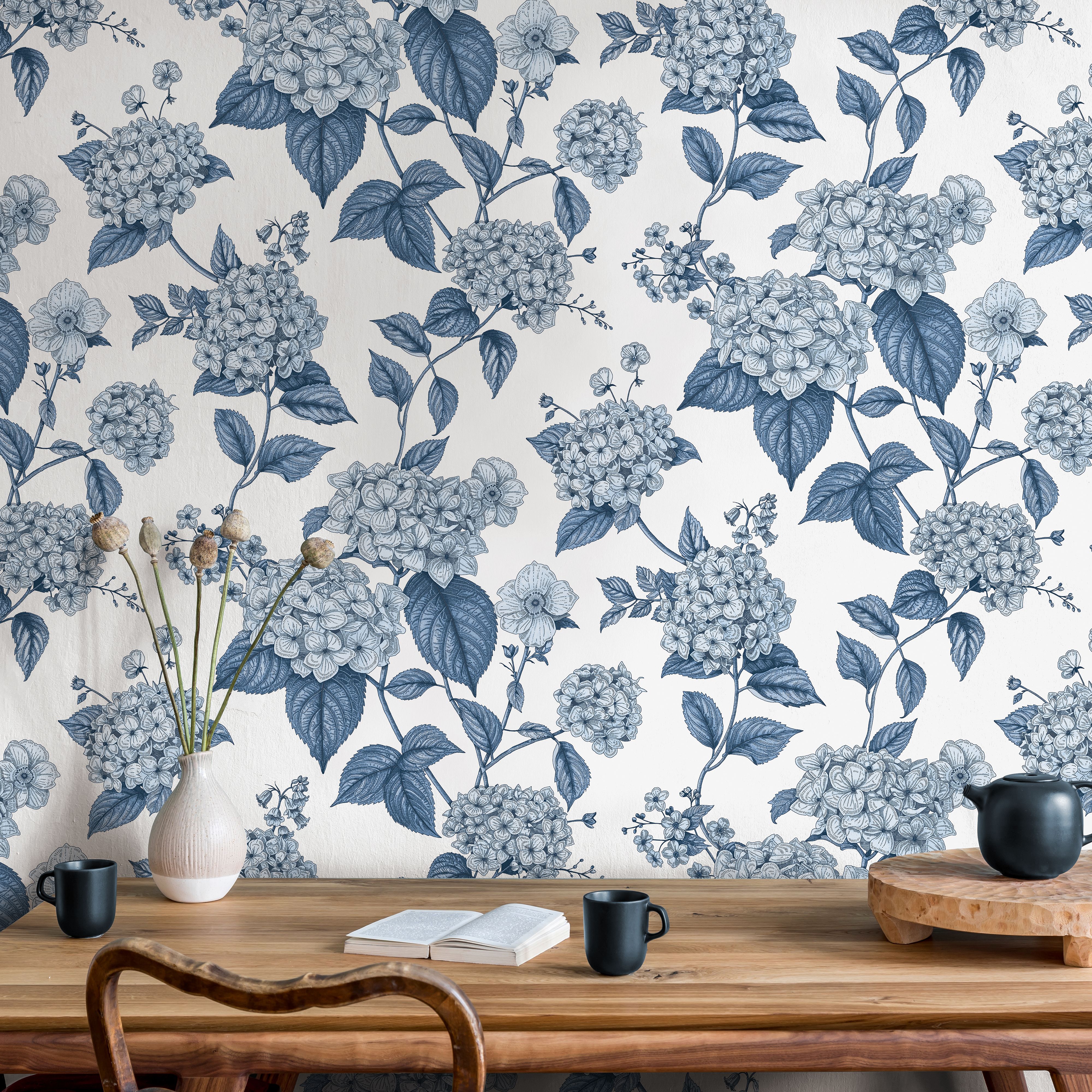 Statement Blue & White Hydrangea Smooth Wallpaper