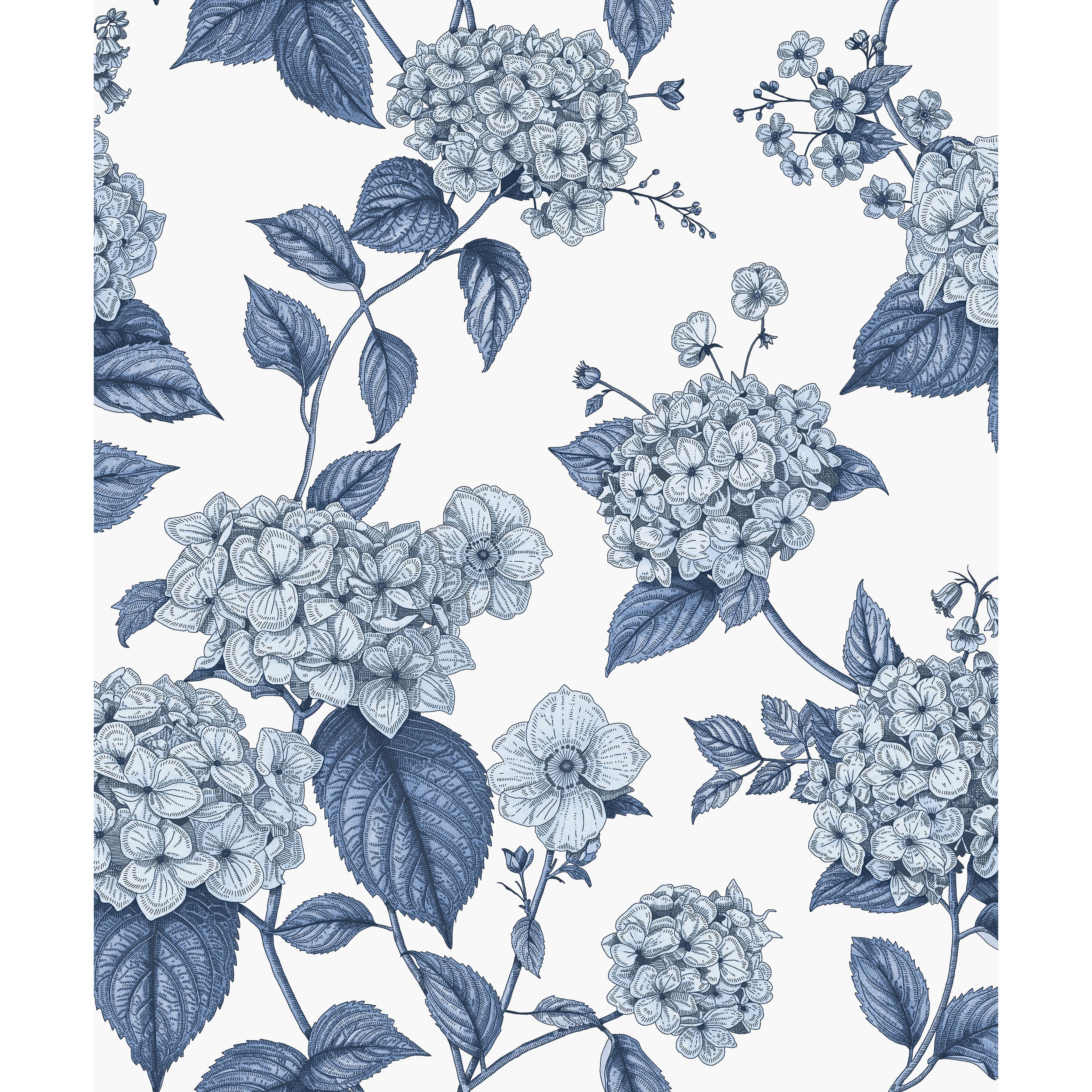Statement Blue & White Hydrangea Smooth Wallpaper