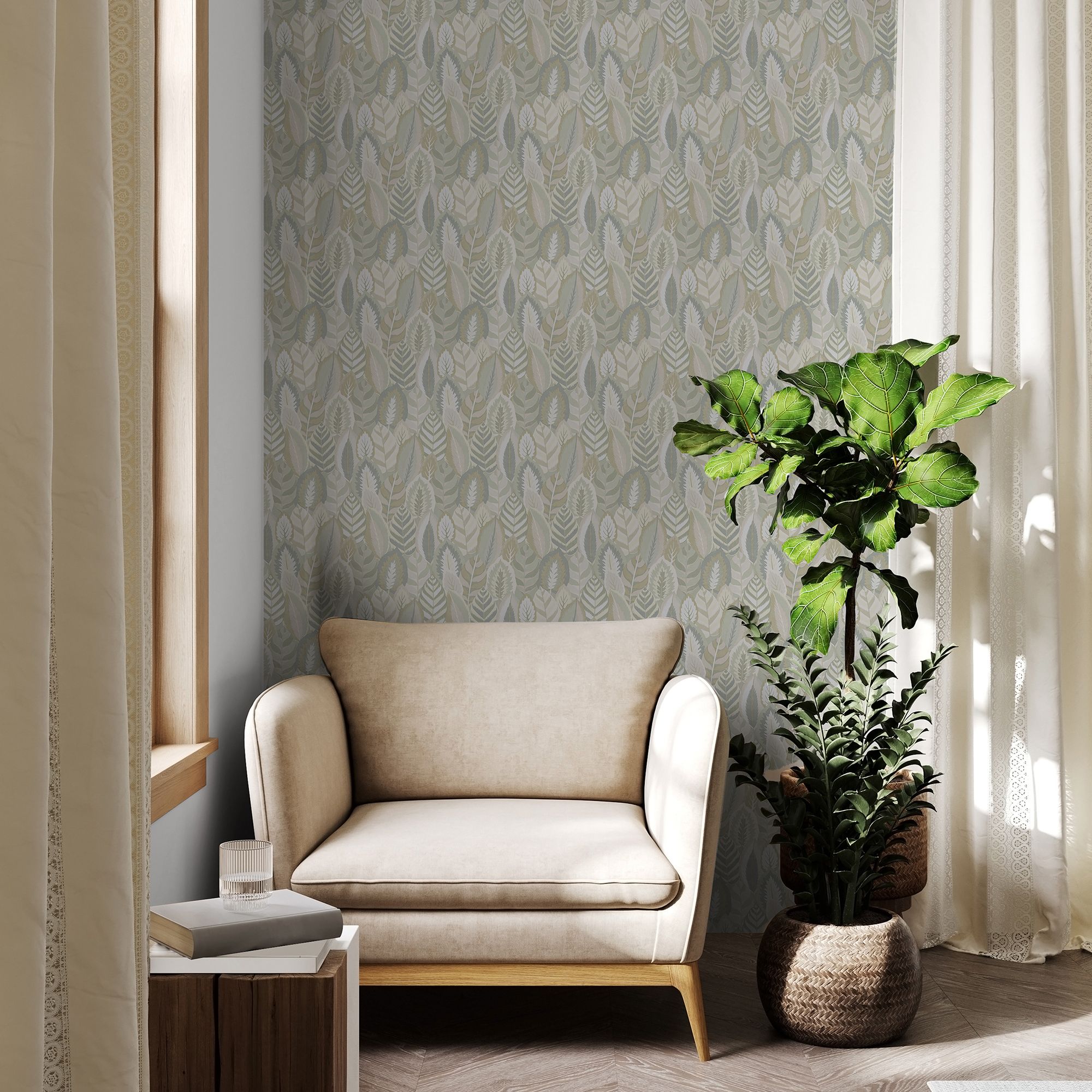 Sublime Patterned Sage Arty Leaves Embossed Wallpaper