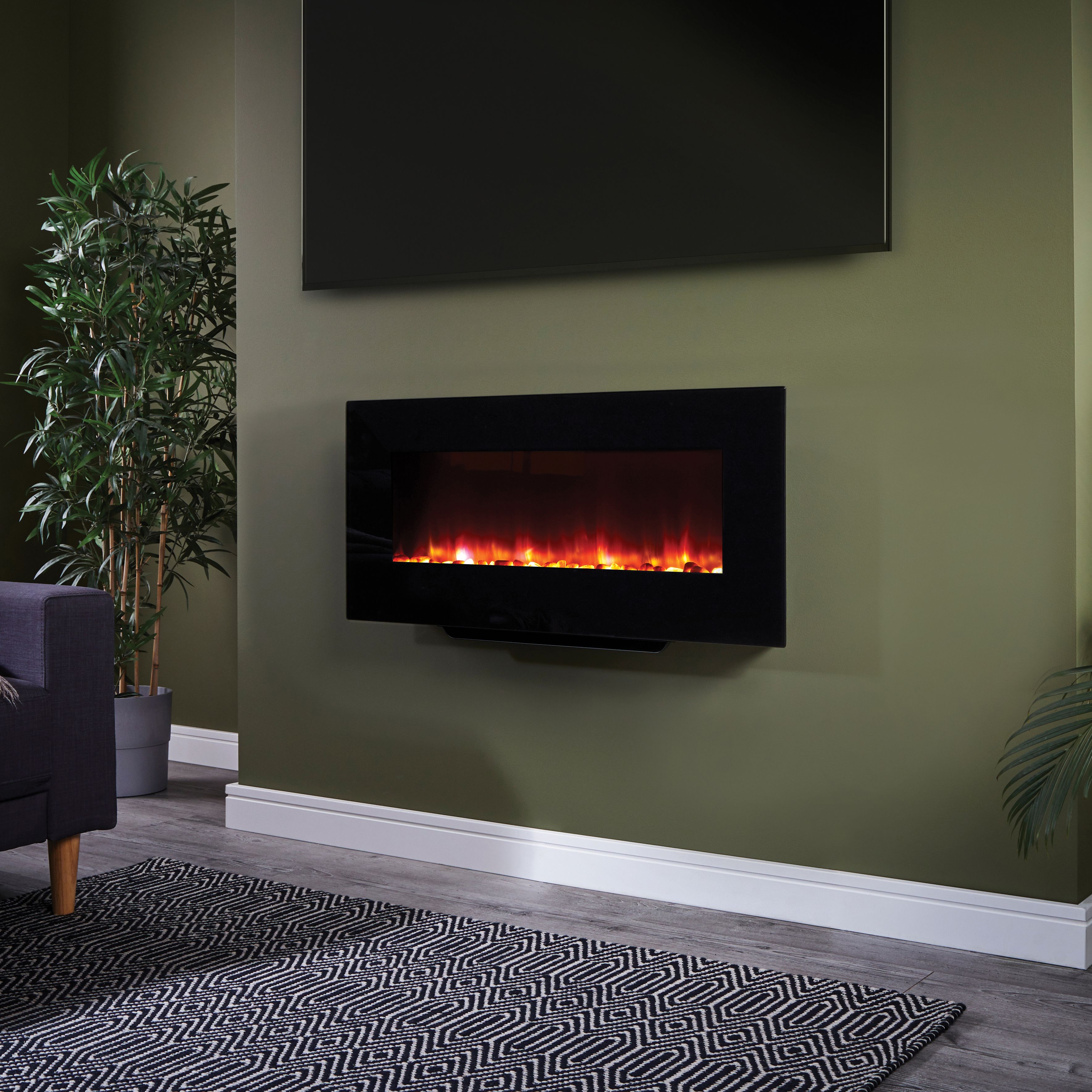 Suncrest Santos 2kW Gloss Black Glass effect Wall-mounted Electric Fire