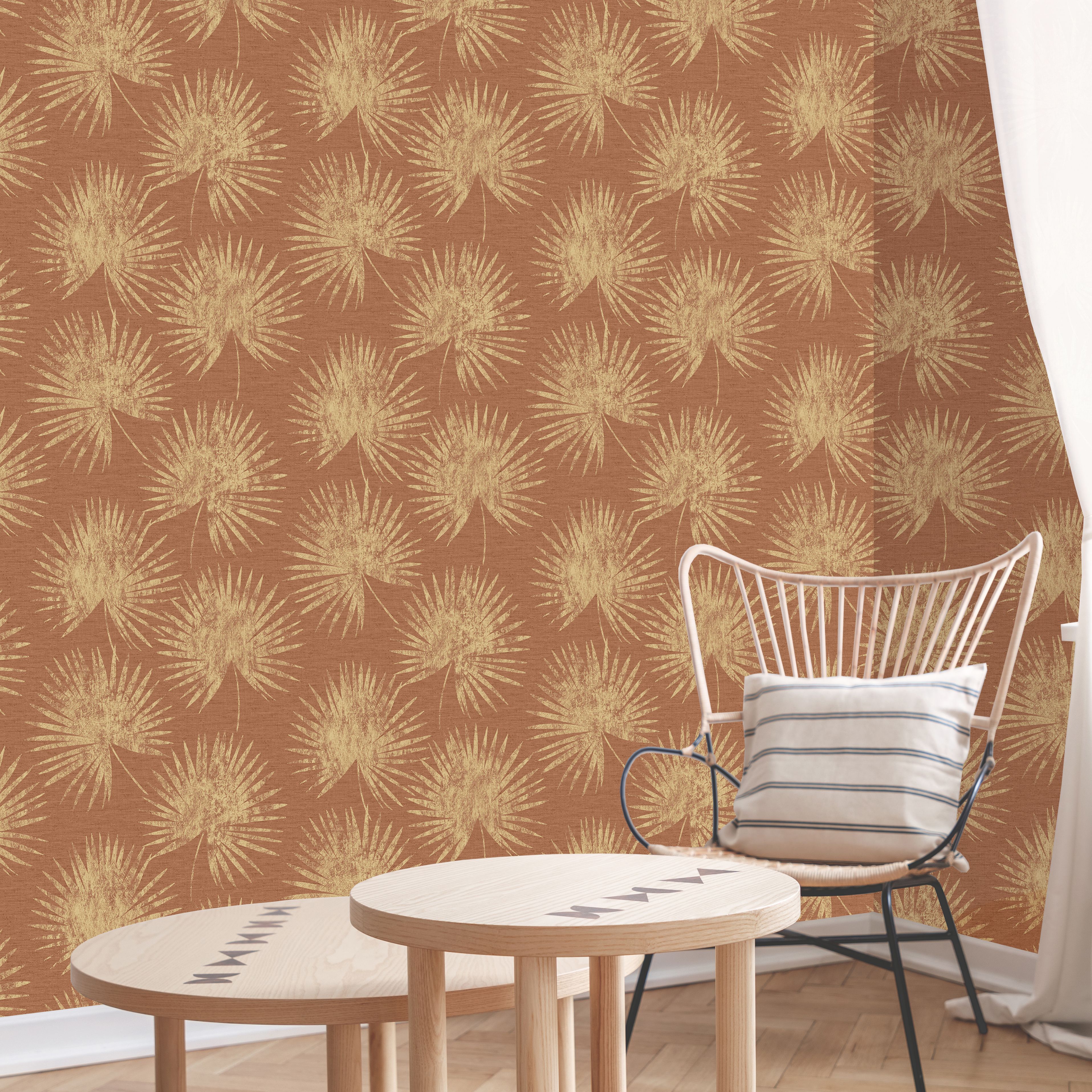 Superfresco Easy Burnt orange Gold effect Palm leaves Textured Wallpaper