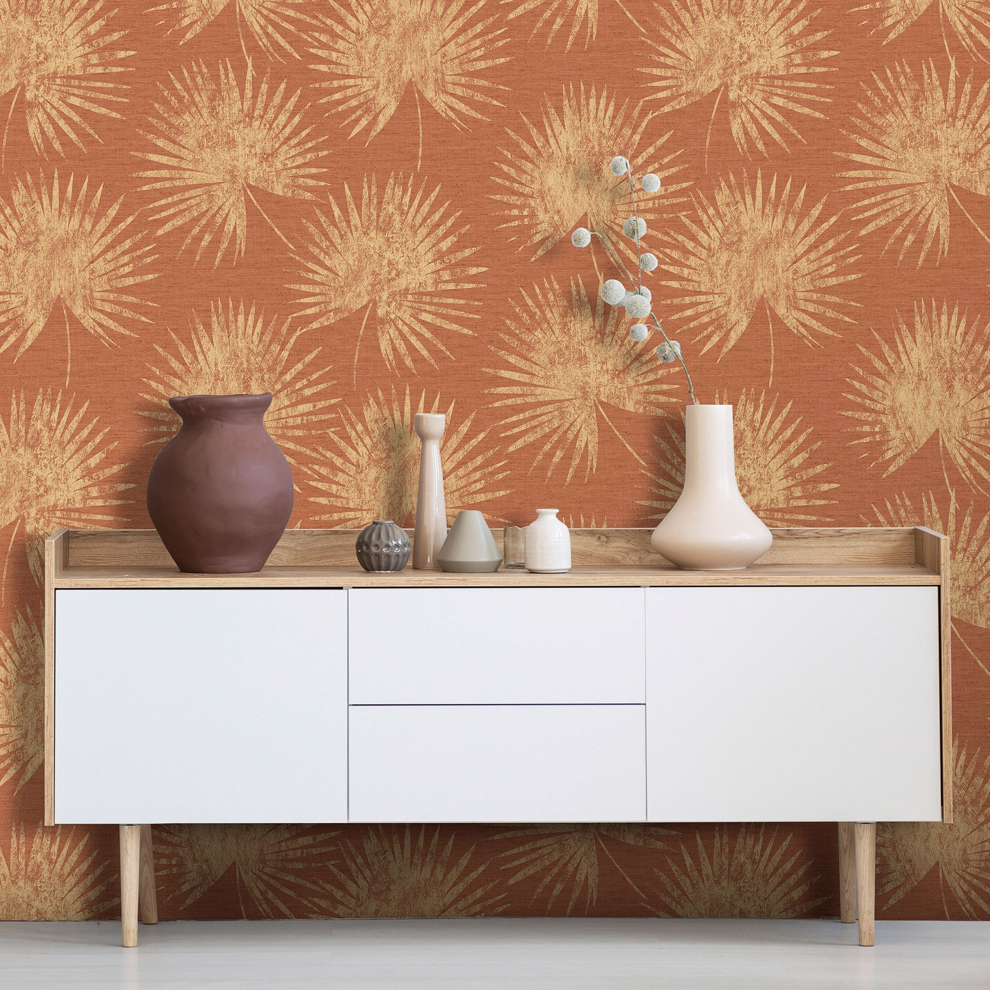 Superfresco Easy Burnt orange Gold effect Palm leaves Textured Wallpaper