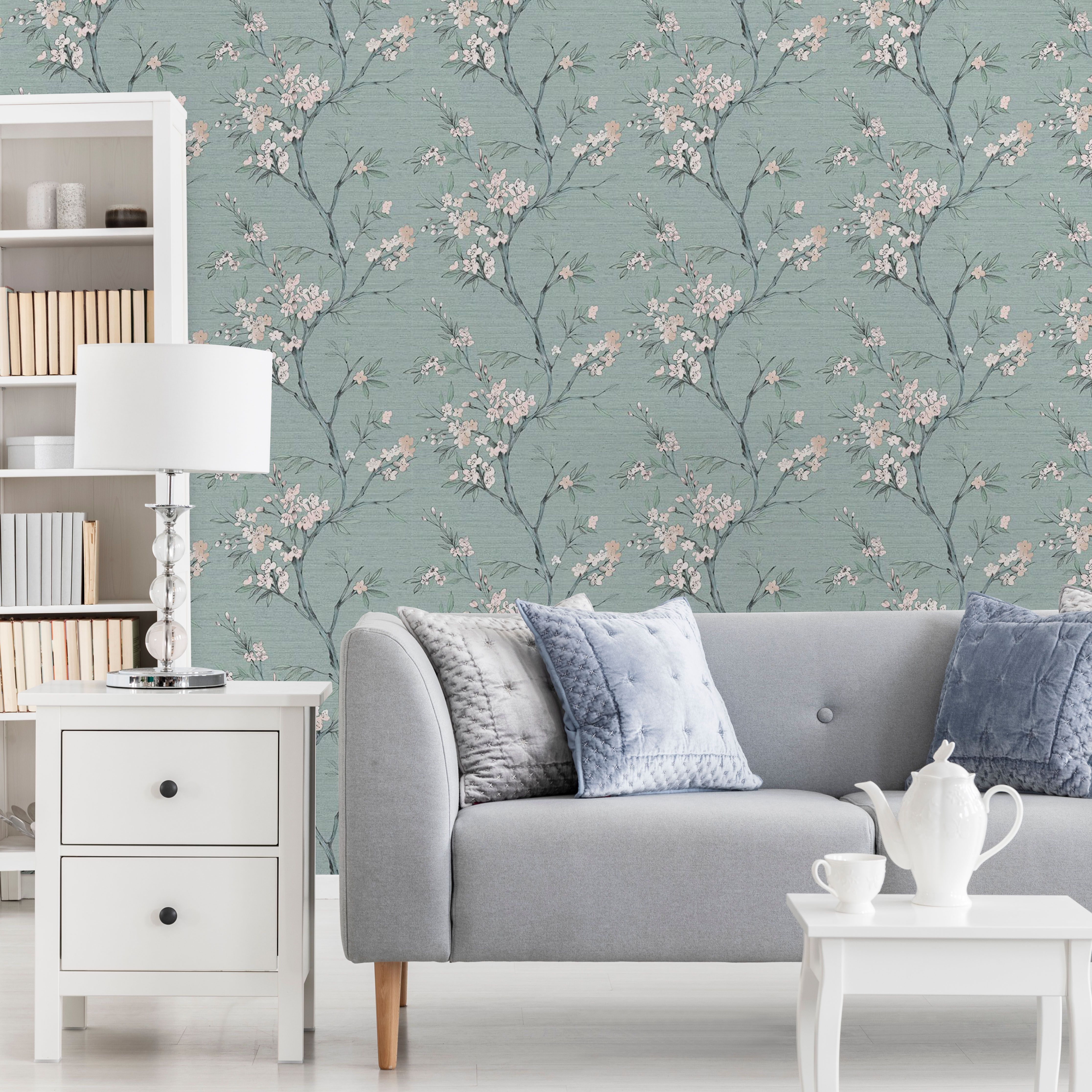 Superfresco Easy Duck egg Oriental blossom Embossed Wallpaper Sample