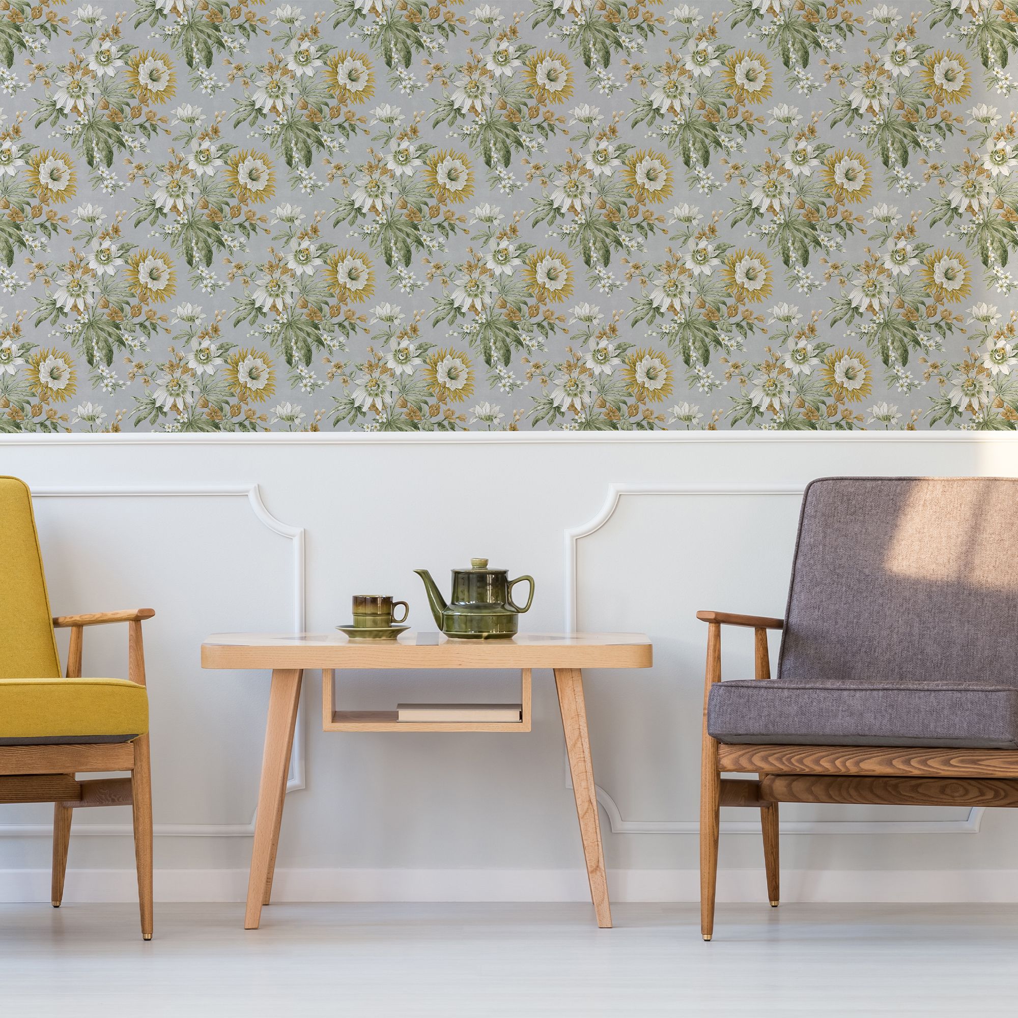 Superfresco Easy Grey & ochre Floral Smooth Wallpaper Sample
