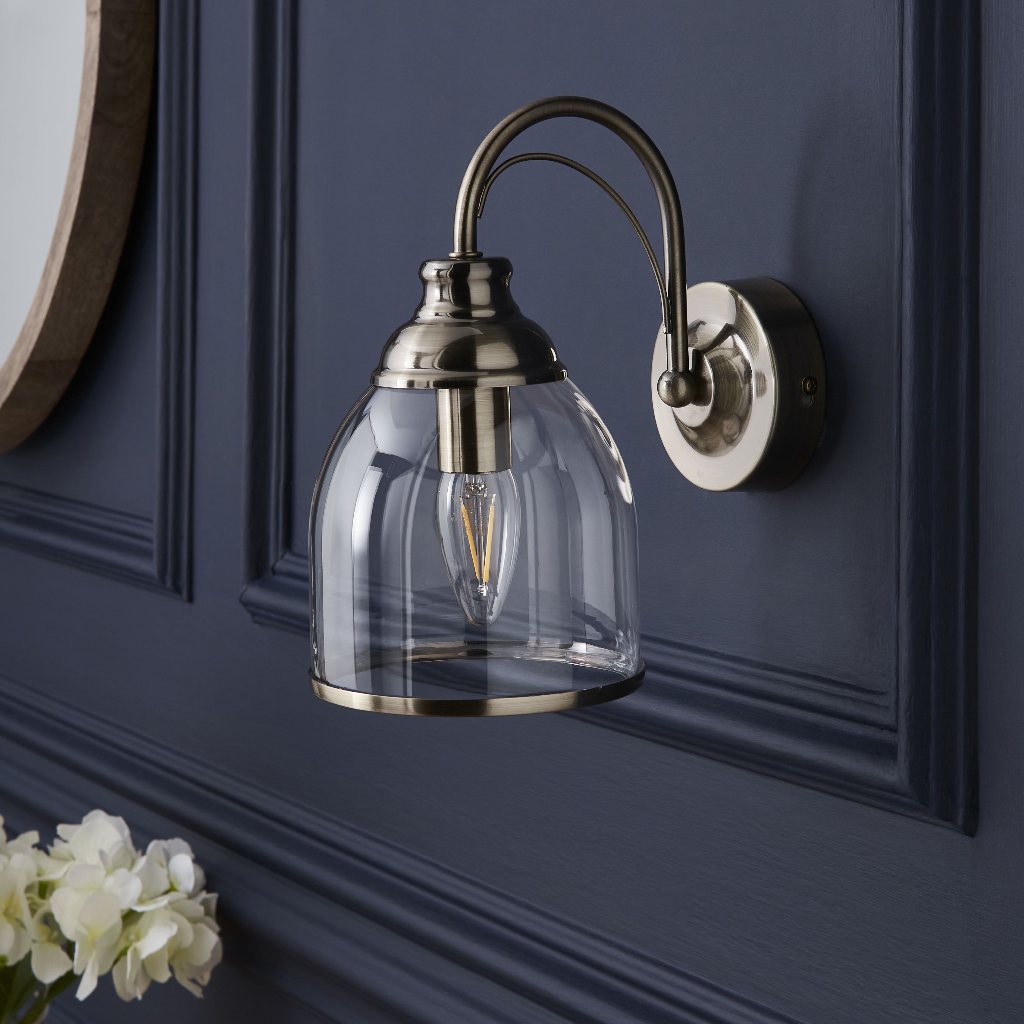 The Lighting Edit Catio Satin Antique brass effect Wired LED Wall light