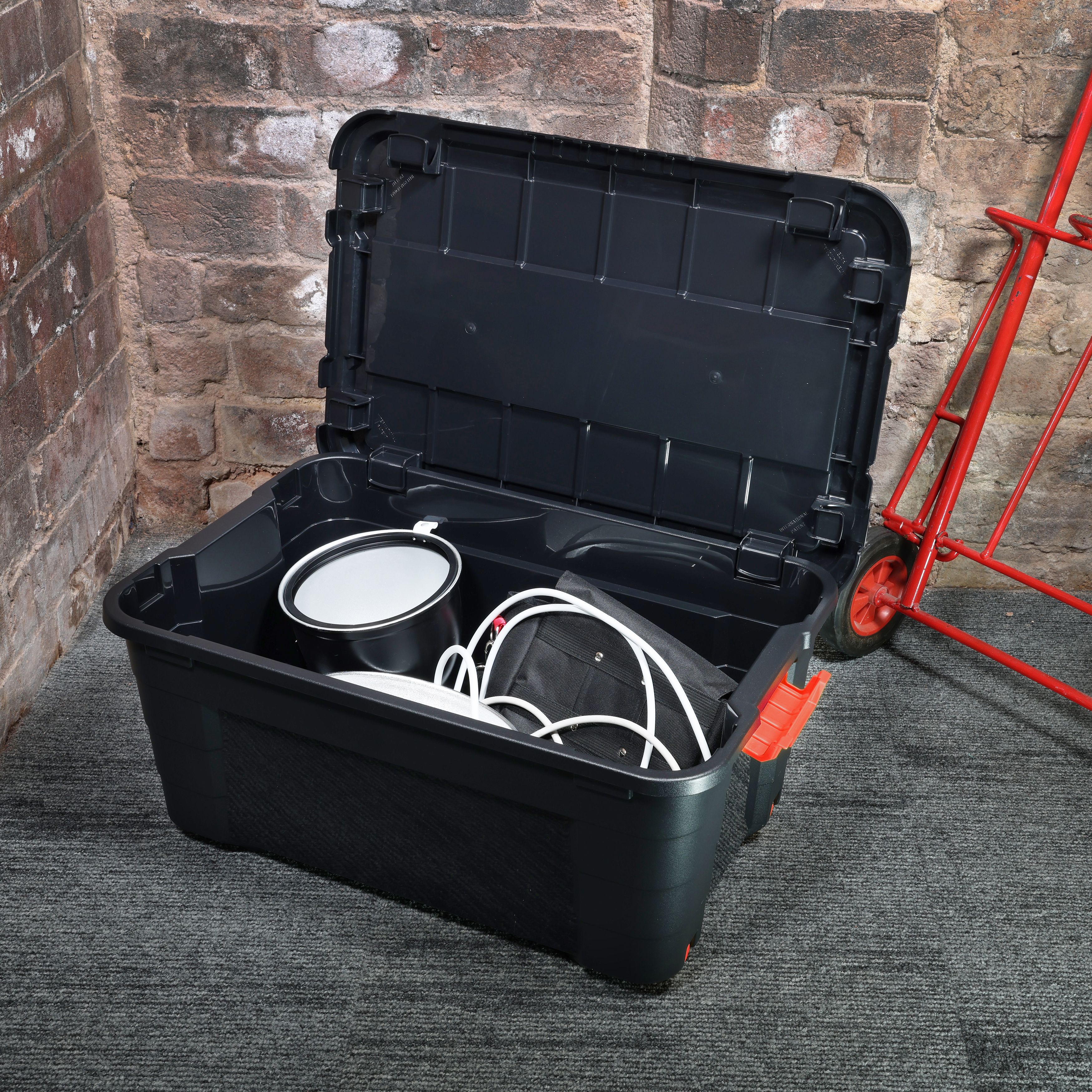 Tontarelli Flip & Store Black 40L Stackable Wheeled Storage box with Lid