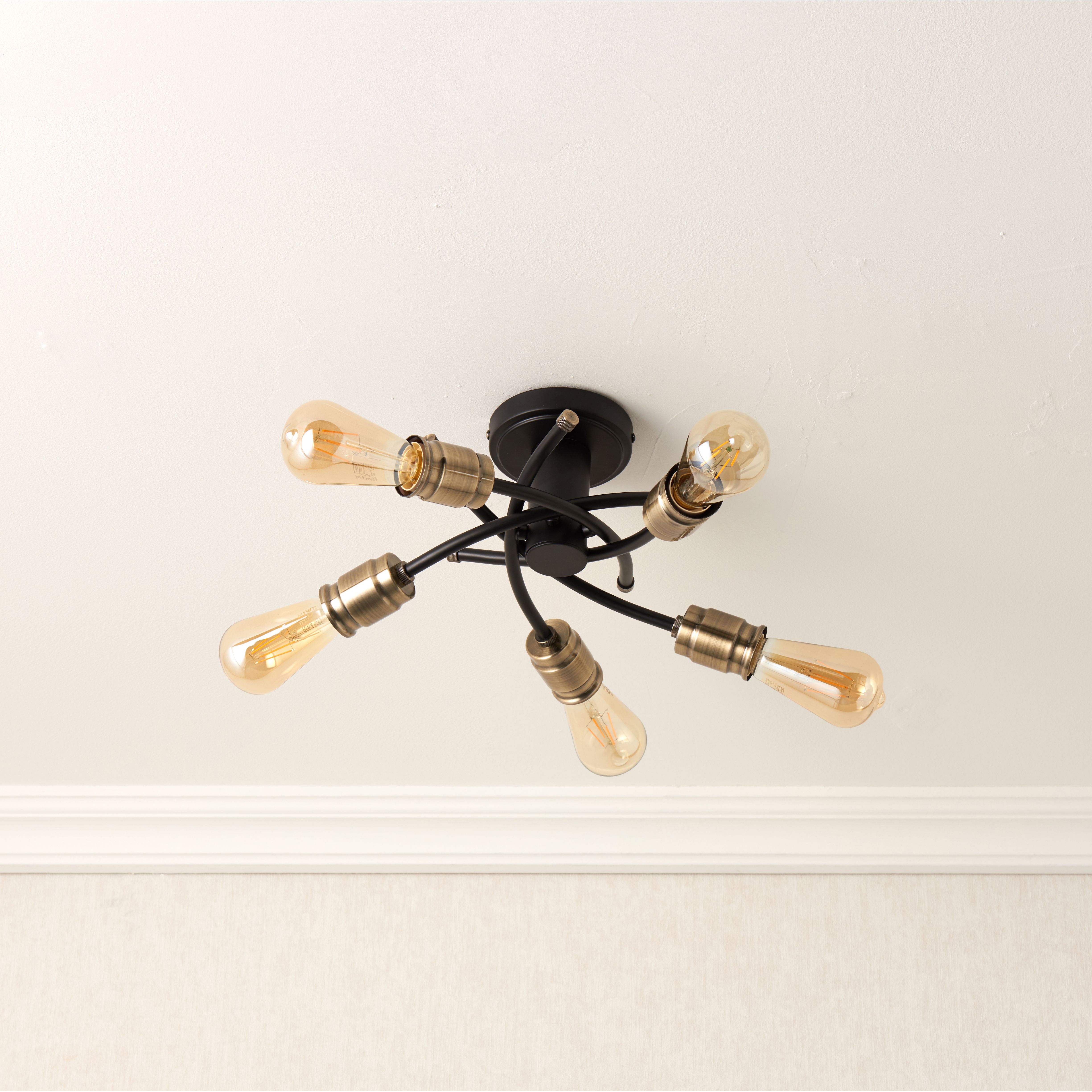 Turin Matt Steel Black Antique brass effect 5 Lamp Ceiling light