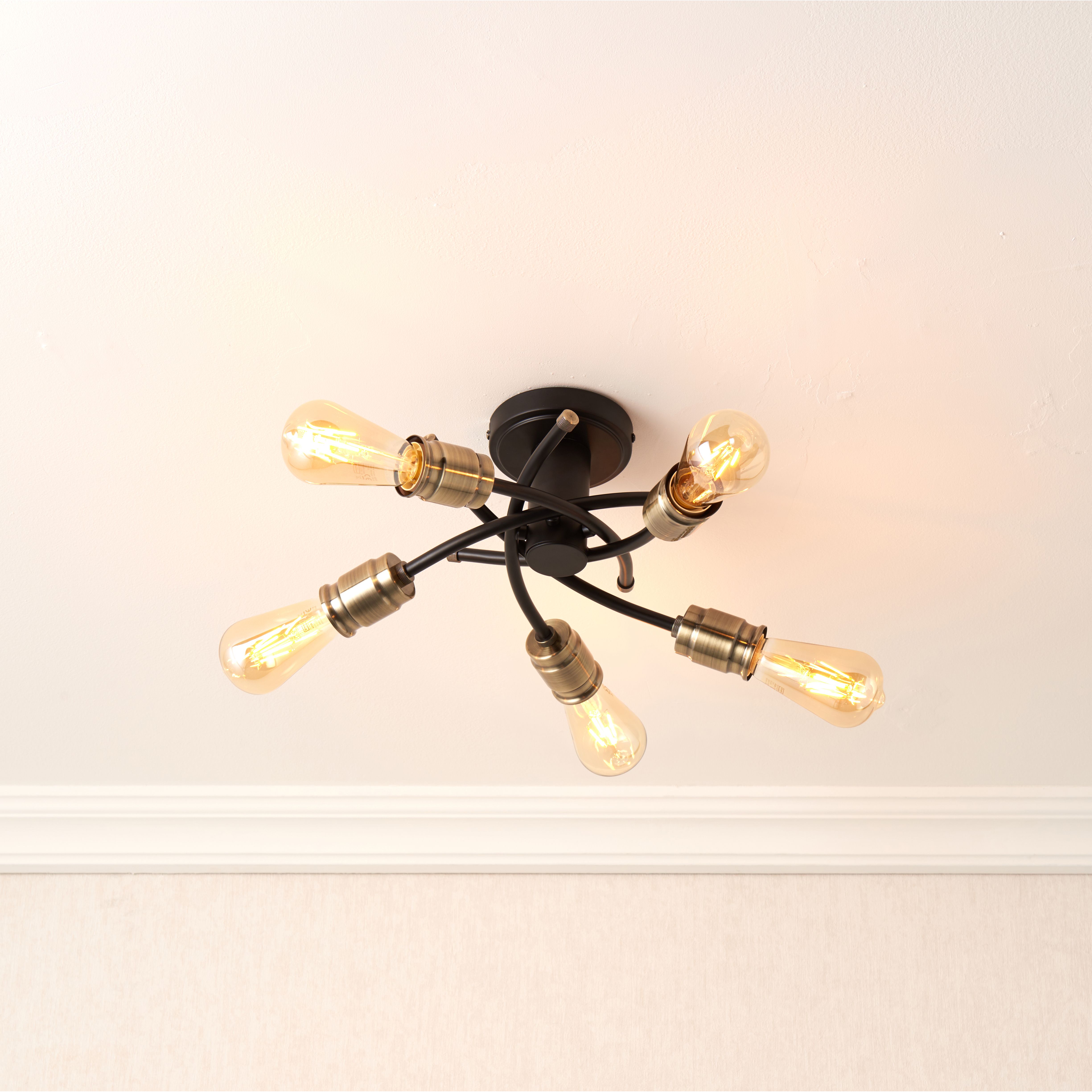 Turin Matt Steel Black Antique brass effect 5 Lamp Ceiling light
