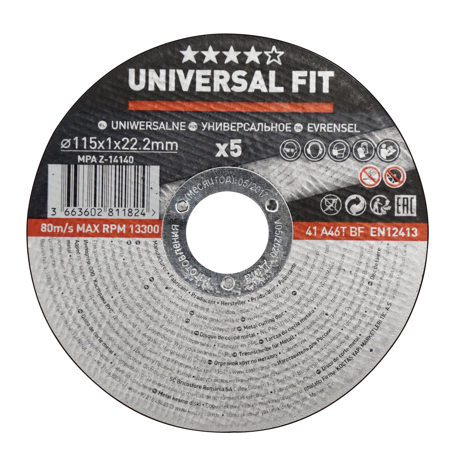 Universal Cutting disc (Dia)115mm, Pack of 5