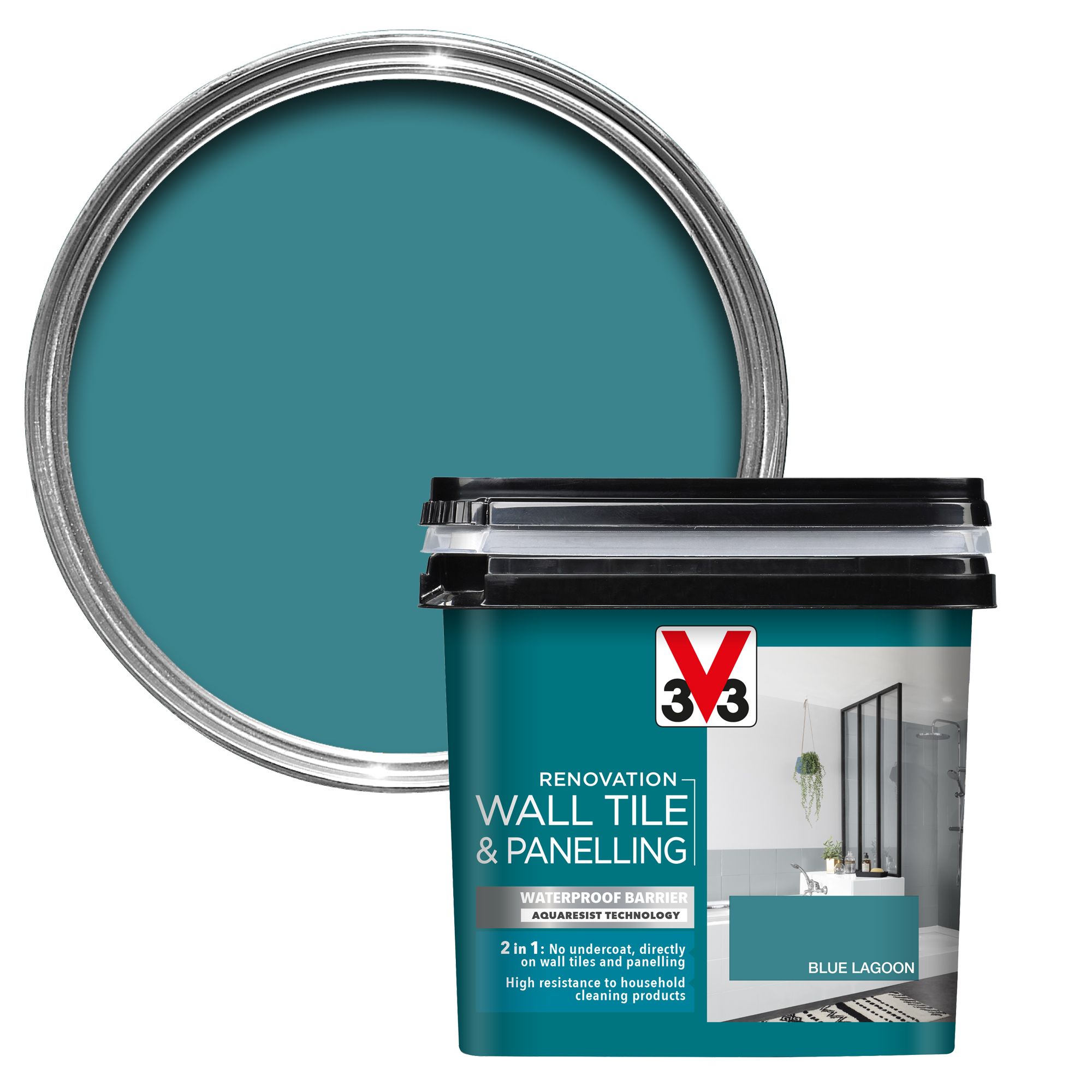 V33 Renovation Blue Lagoon Satinwood Wall tile & panelling paint, 750ml ...