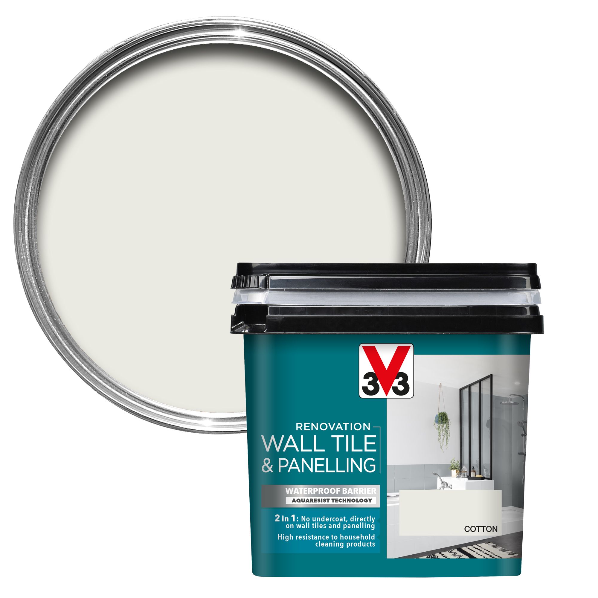 V33 Renovation Cotton Satinwood Bathroom Wall tile & panelling paint, 750ml