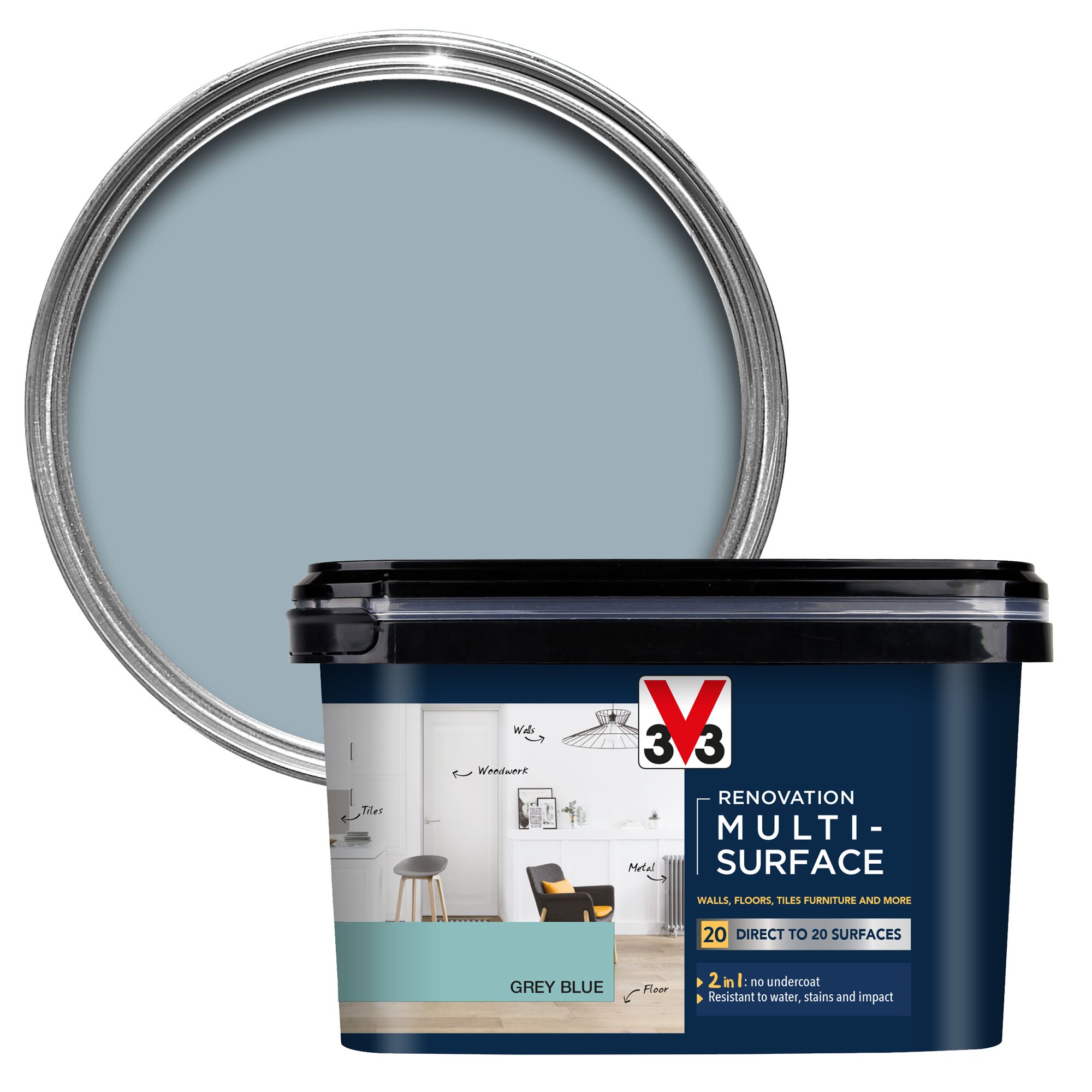 V33 Renovation Grey Blue Satinwood Multi-surface paint, 2L | DIY at B&Q