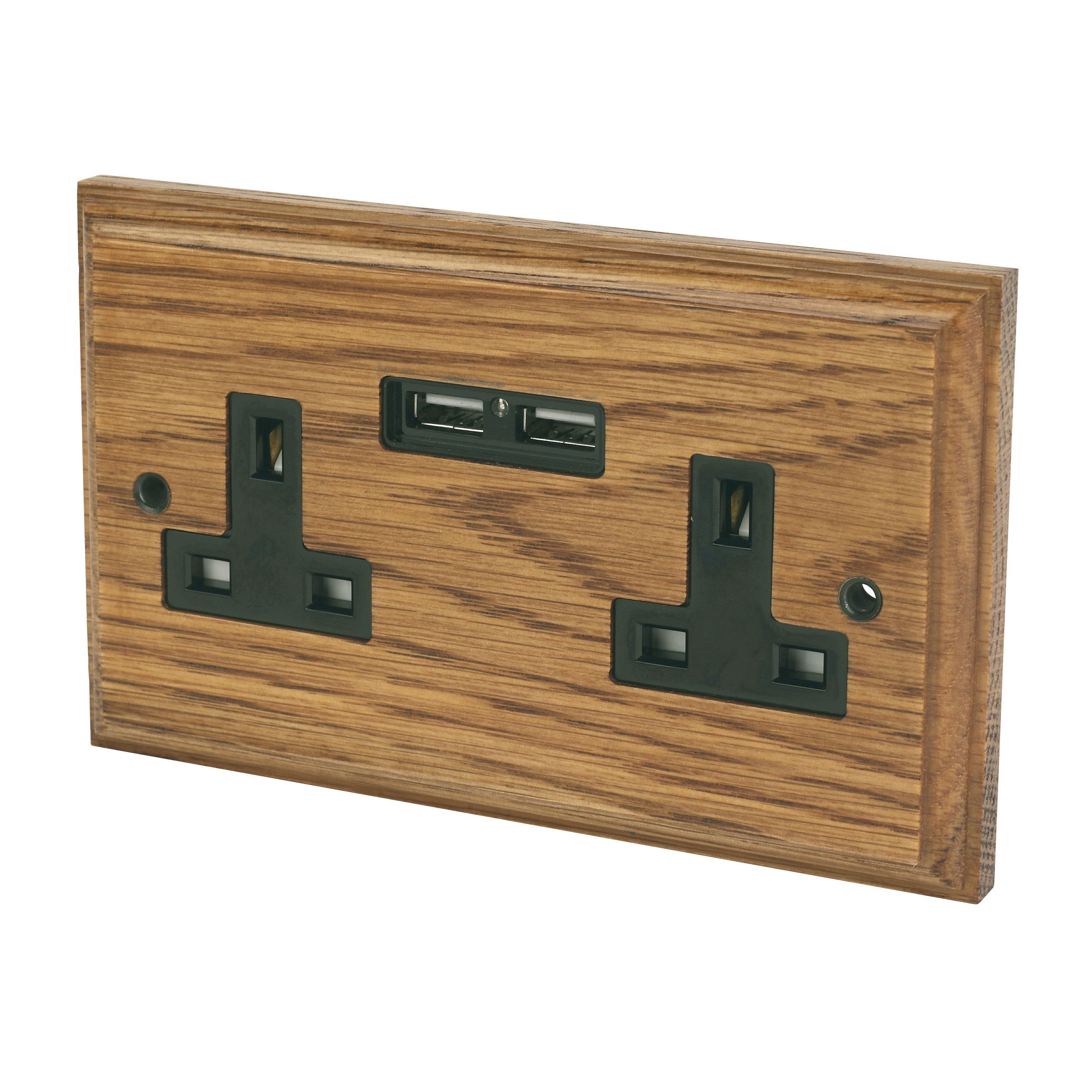 Varilight Oak Double 13A Unswitched USB socket x2 & Black inserts | DIY ...