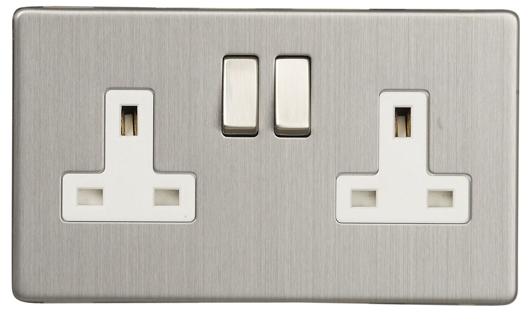 Varilight Steel Double 13A Screwless Switched Socket with White inserts ...