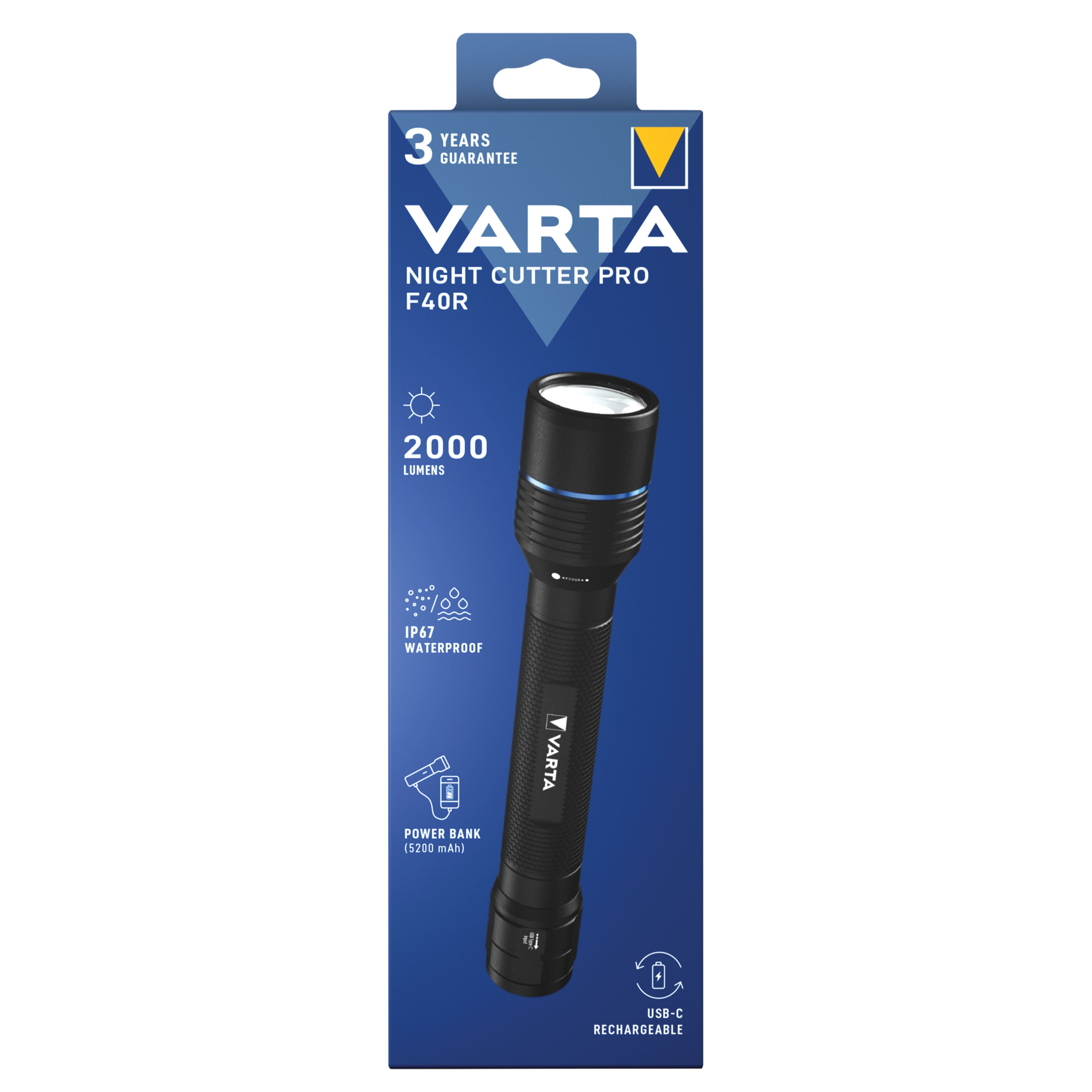 Varta Black Rechargeable 2000lm LED Battery-powered Portable flashlight