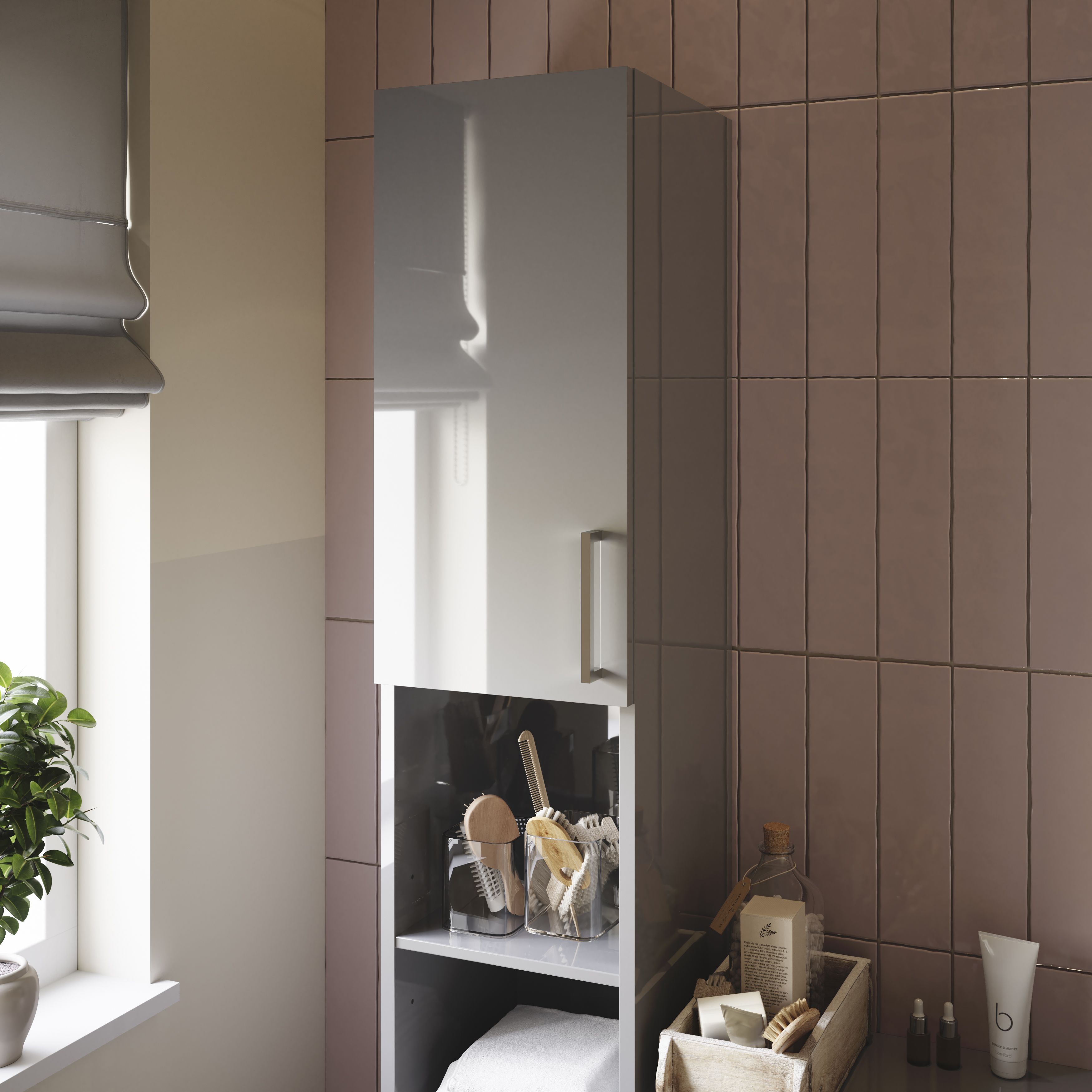 Veleka Gloss Grey Single Freestanding Bathroom Cabinet (H)180cm (W)27.5cm