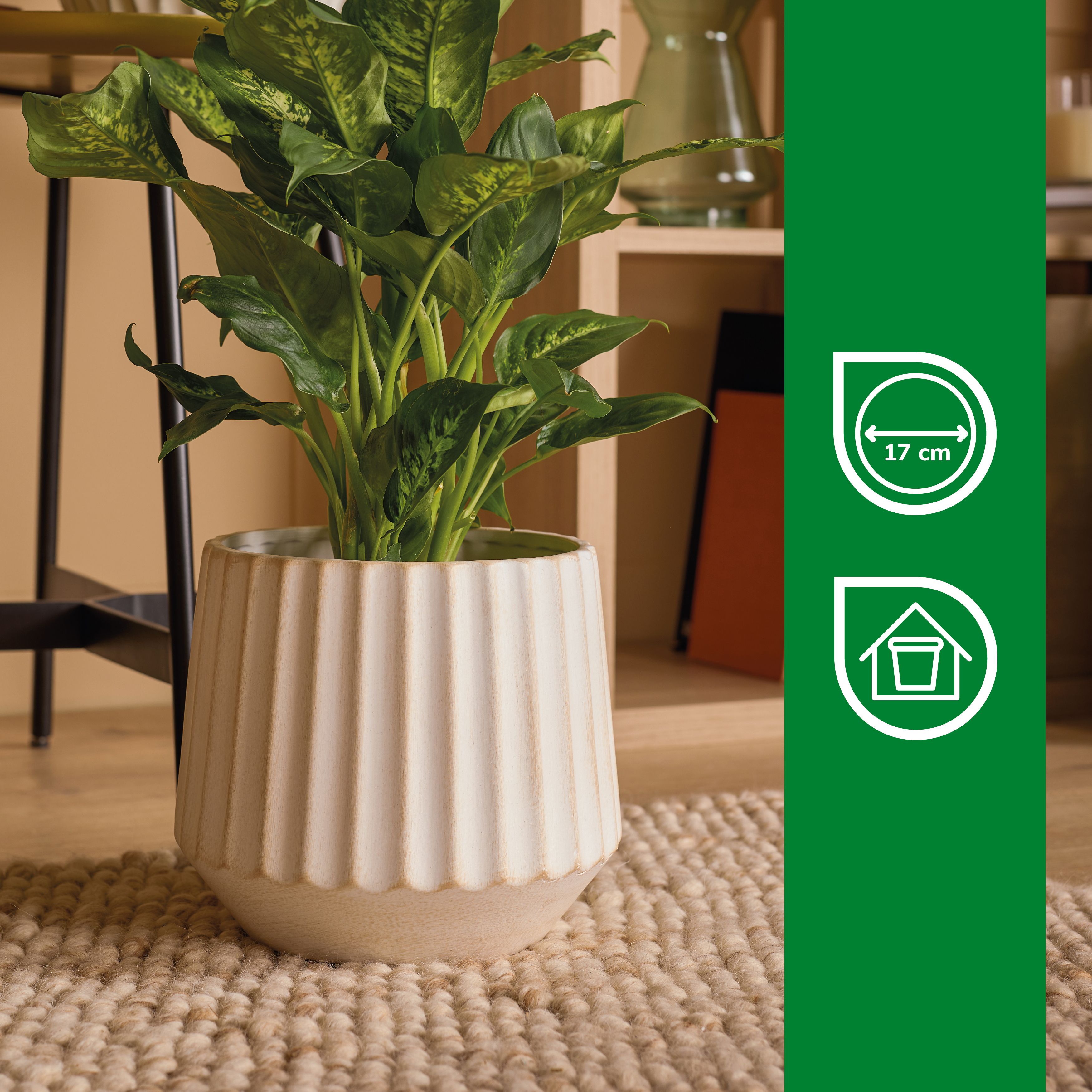 VERVE BEIGE WIDE RIBBED CERAMIC PLANT POT (DIA) 22CM, (H)19CM