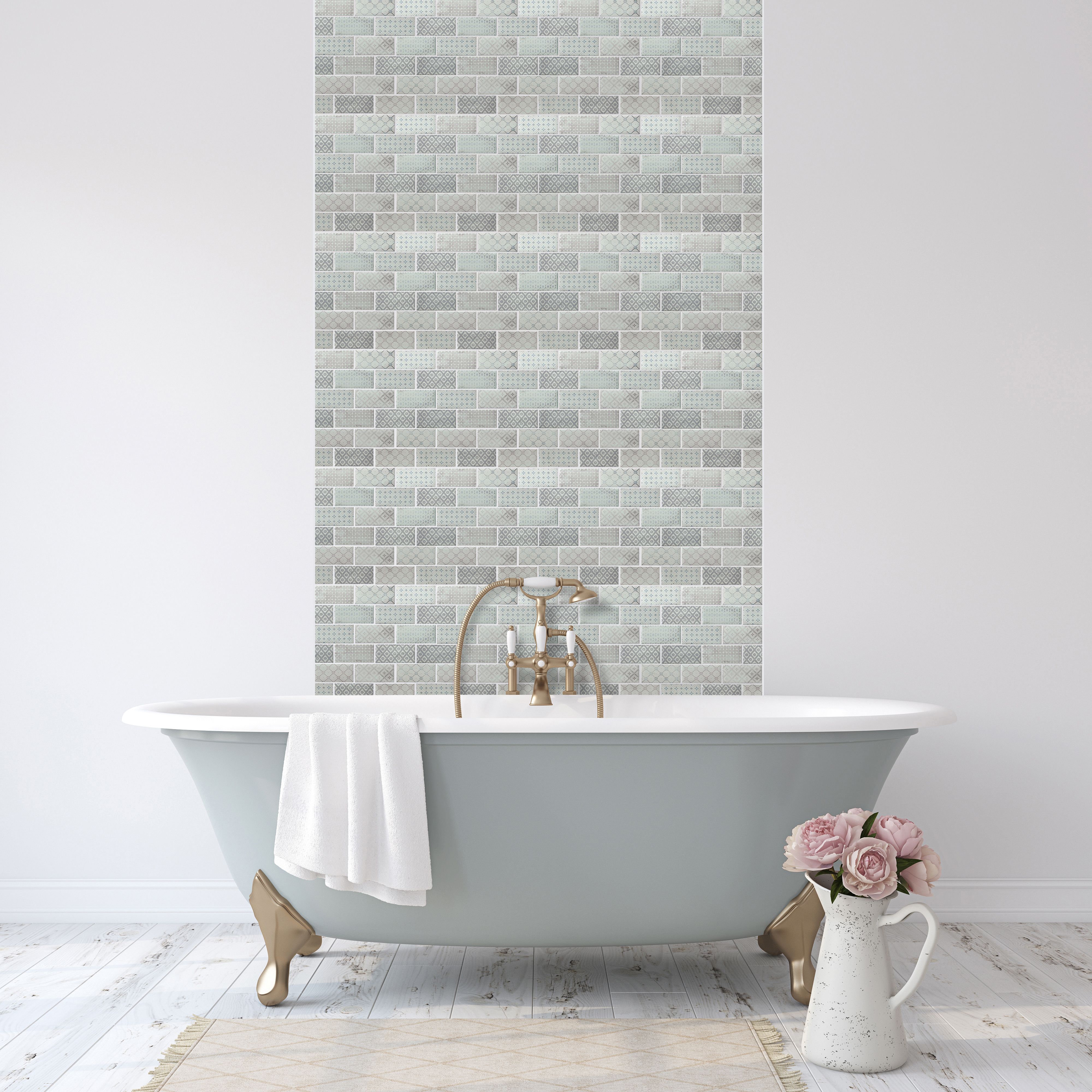 Vintage Blush & white Matt Geometric Glass Mosaic tile, (L)300mm (W ...