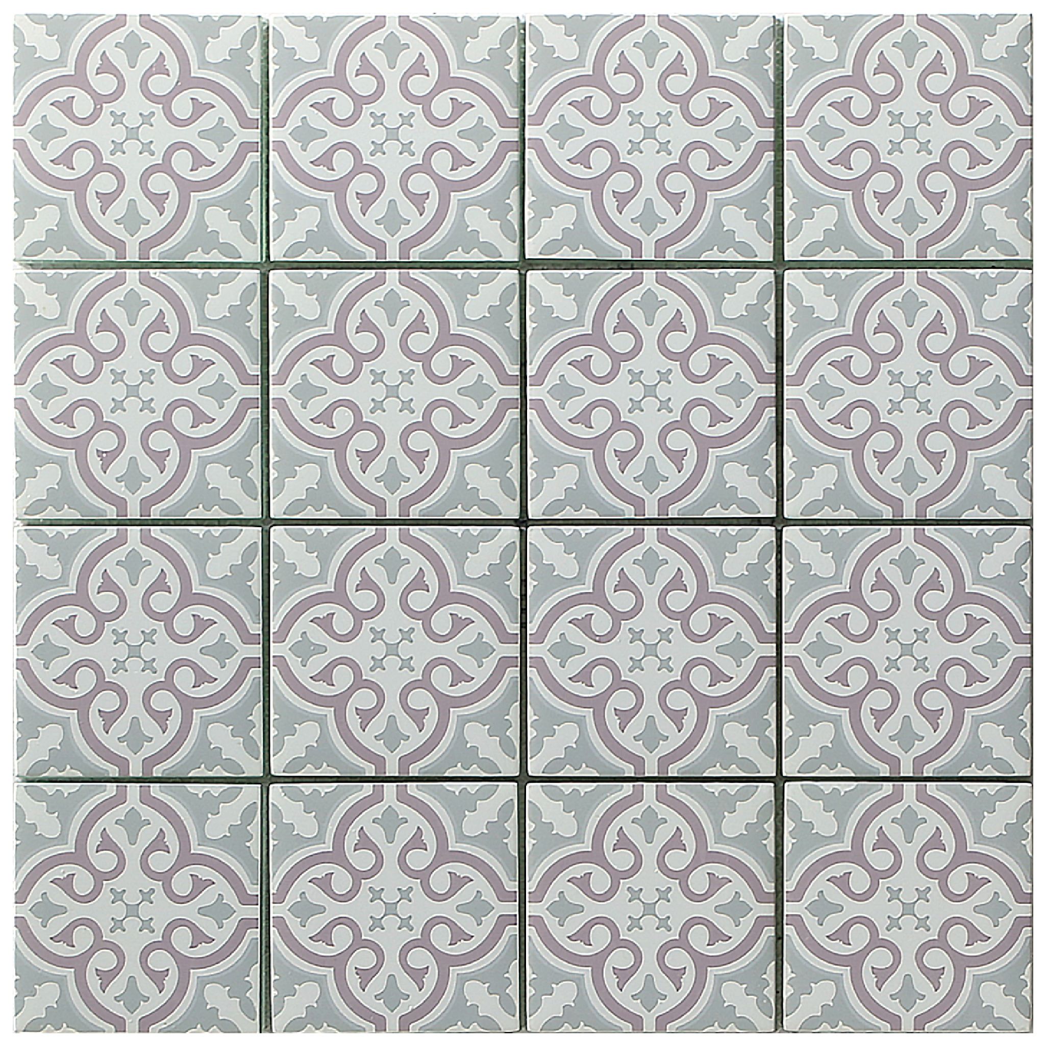 Vintage Grey & pink Matt Floral geometric Glass 2x2 Mosaic tile, (L ...