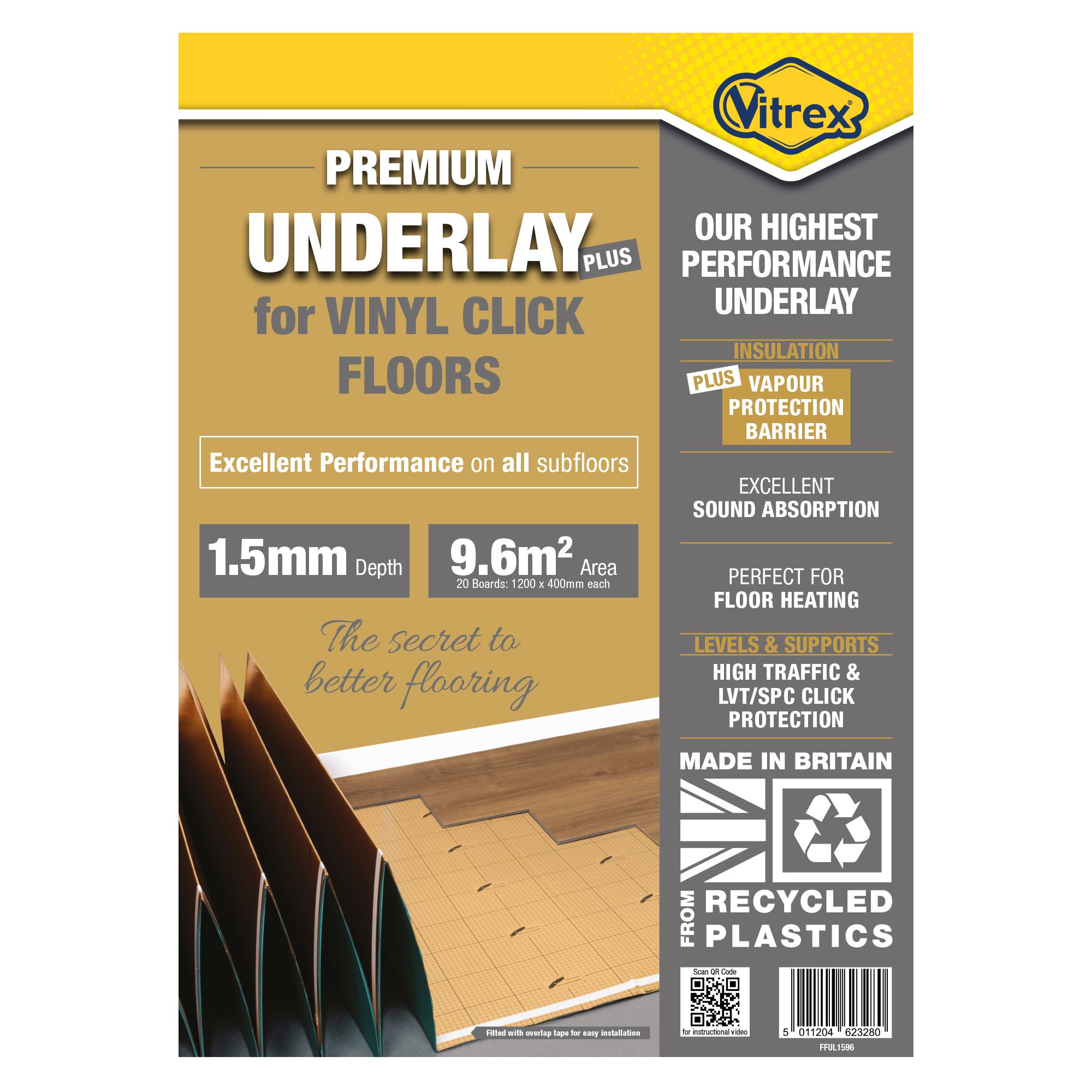Vitrex Premium Plus 1.5mm XPS foam Vinyl click Underlay panel, 9.6m²