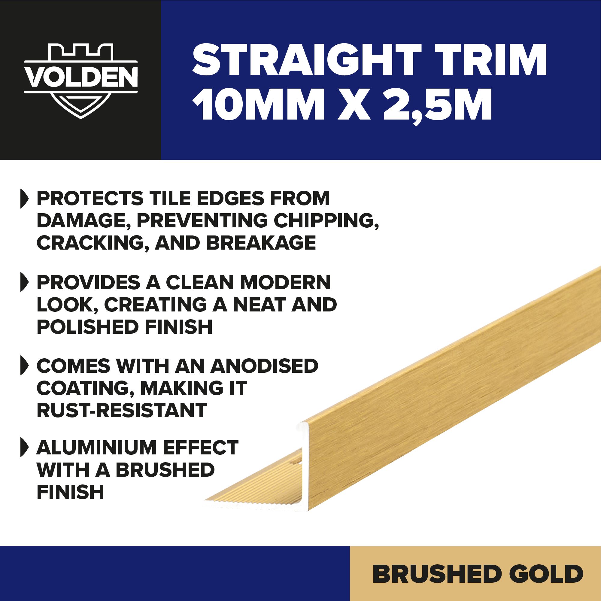 Volden Brushed Gold 10mm Straight Aluminium External edge tile trim, (W ...