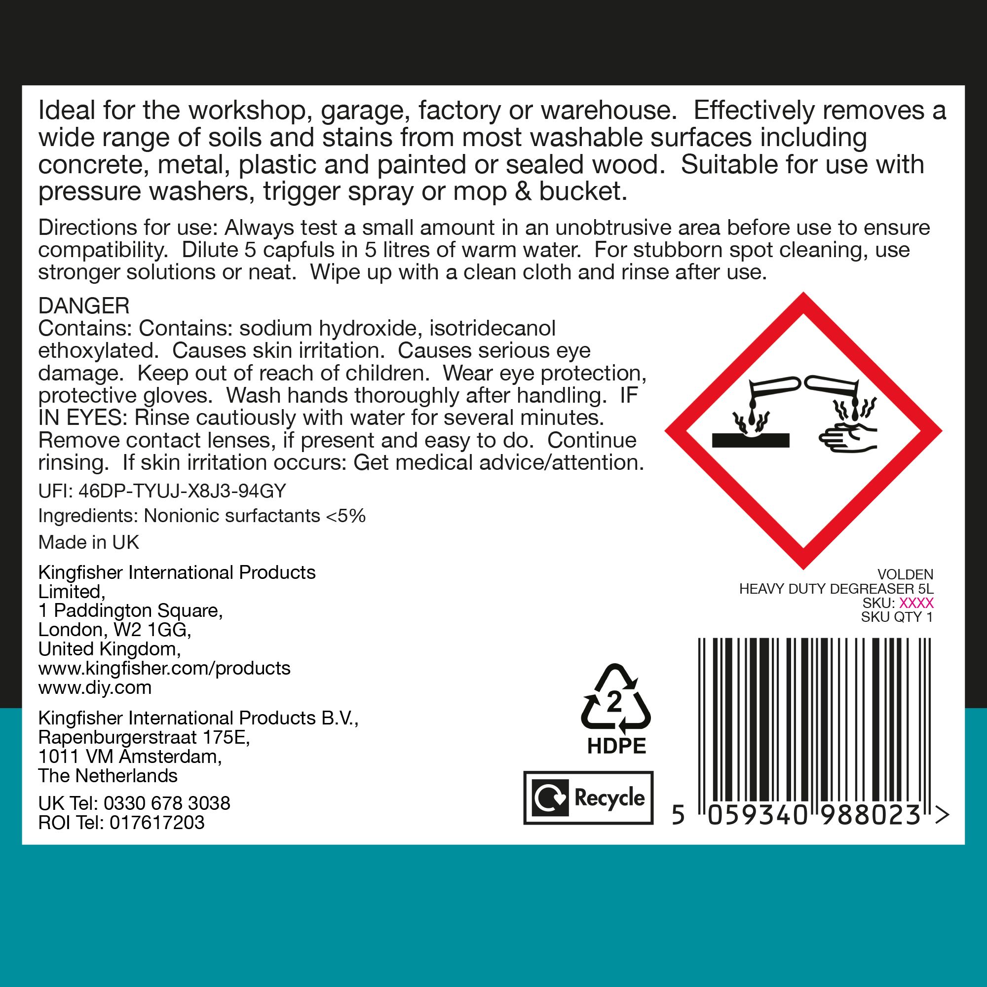 Volden Heavy duty Degreaser, 5L Bottle